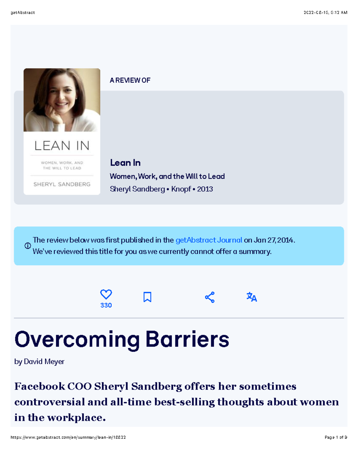 Lean In by Sheryl Sandberg [get Abstract] - A REVIEW OF Lean In Women ...