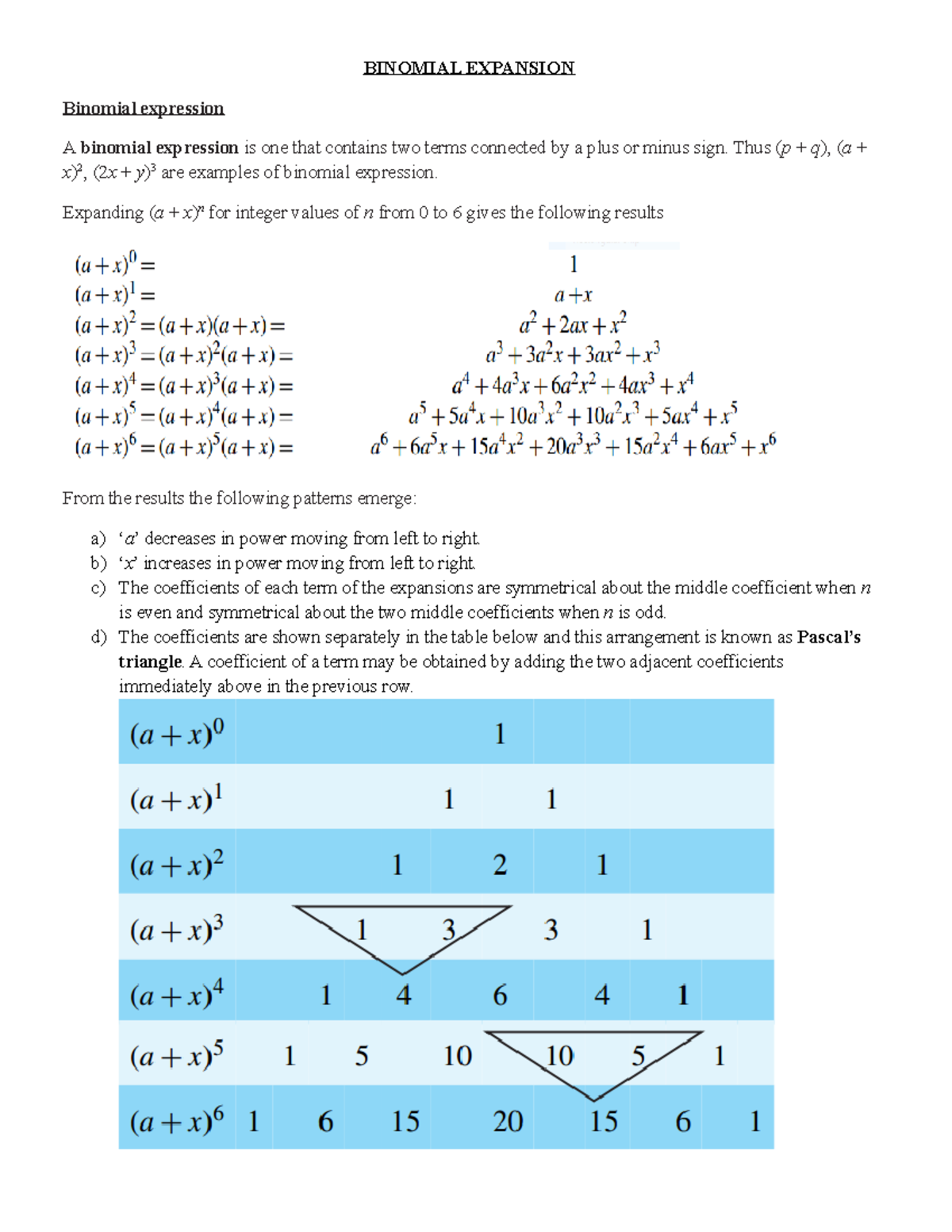 Binomial Expansion Notes - BINOMIAL EXPANSION Binomial expression A ...