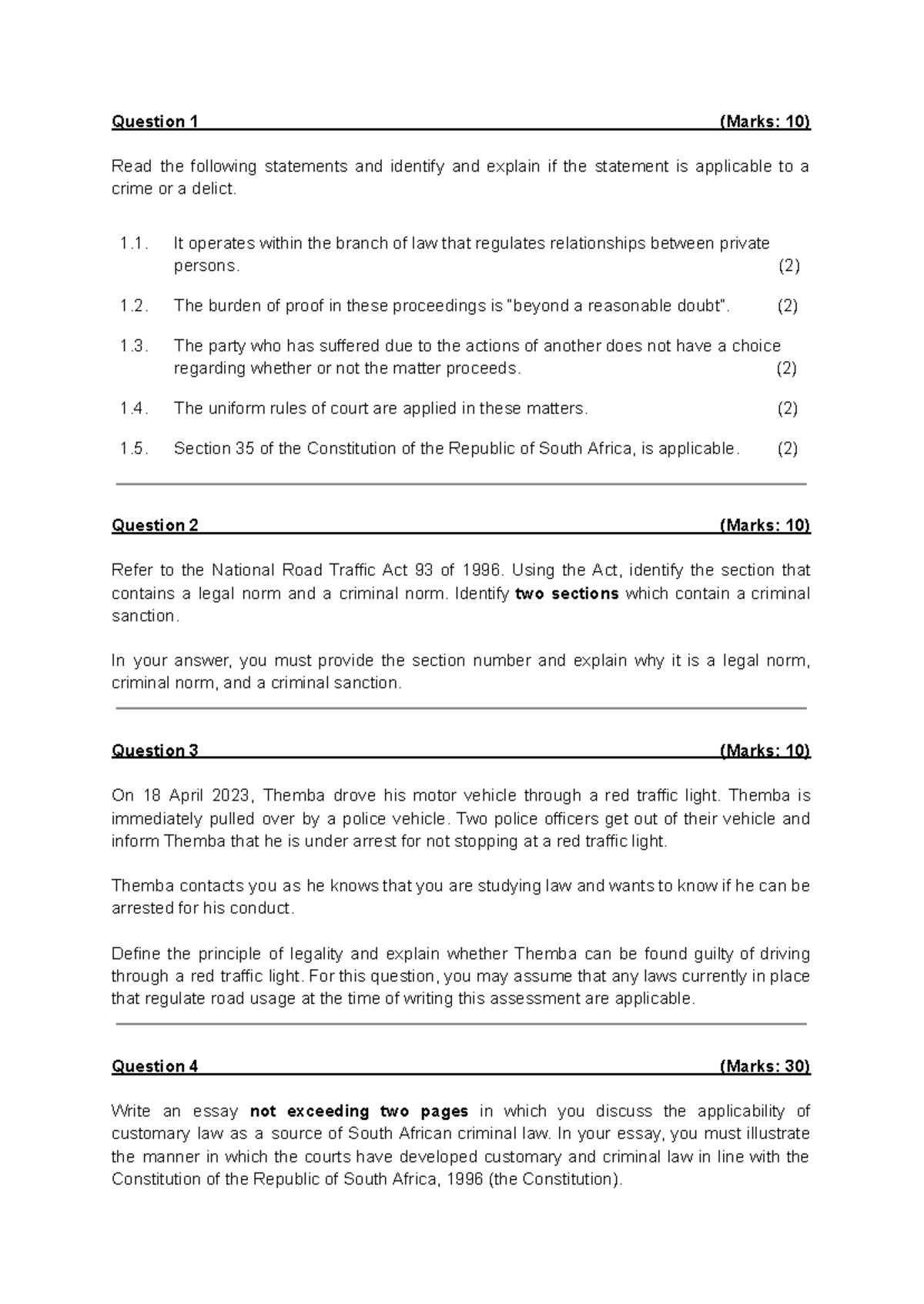 Criminal Law Assignment 1 brief - Question 1 (Marks: 10) Read the ...