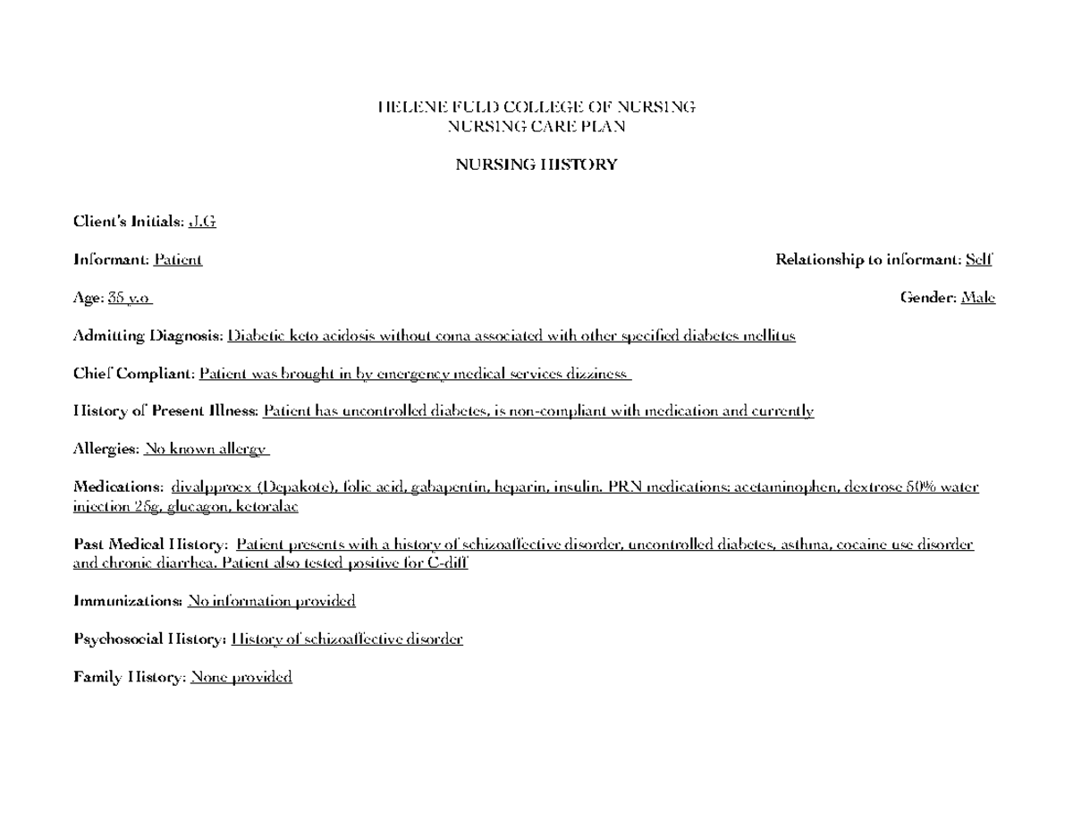 Diabetes Care Plan - care plan - HELENE FULD COLLEGE OF NURSING NURSING ...