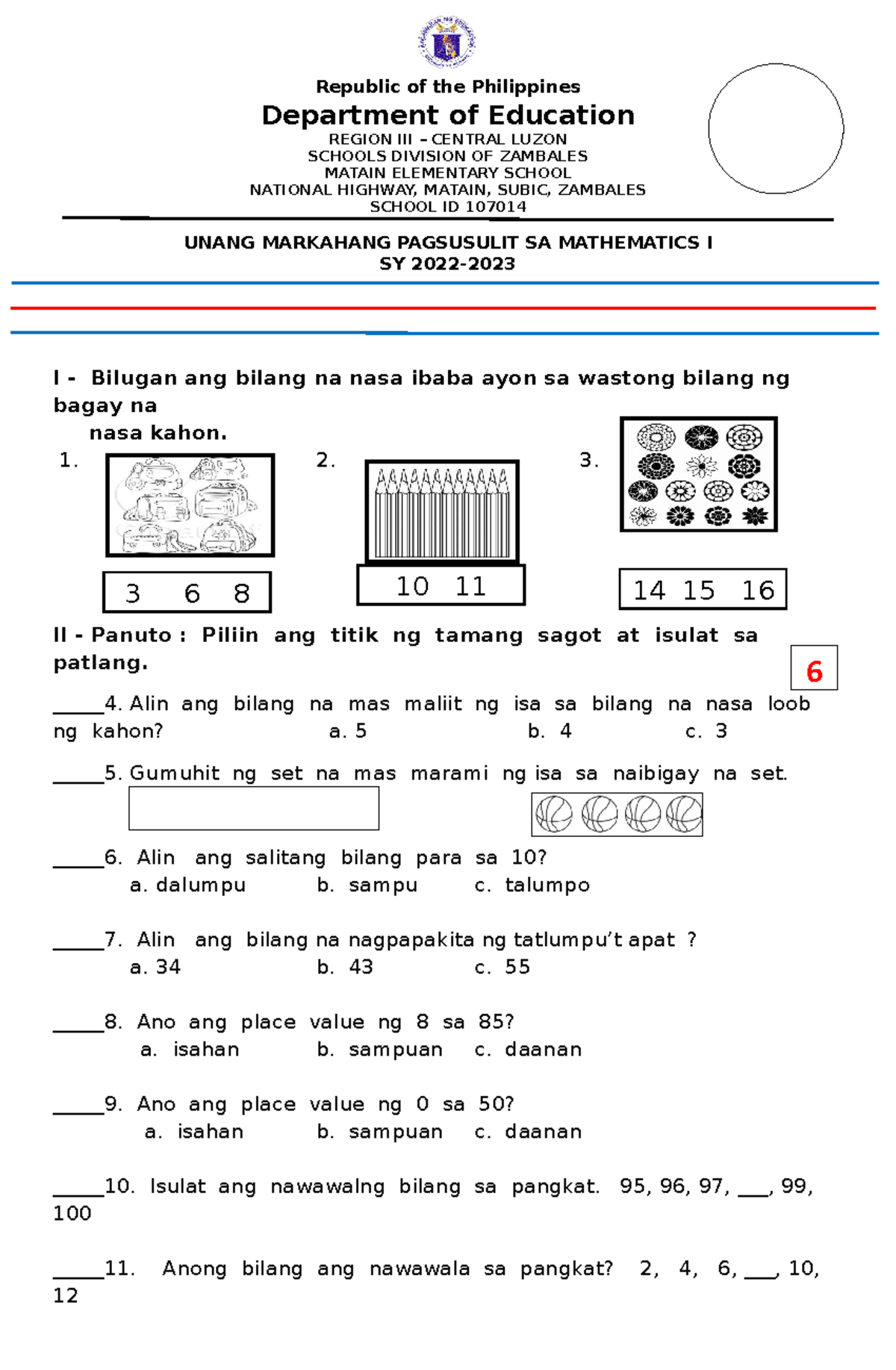 PT Mathematics 1 Q1 - hhj - Republic of the Philippines Department of ...