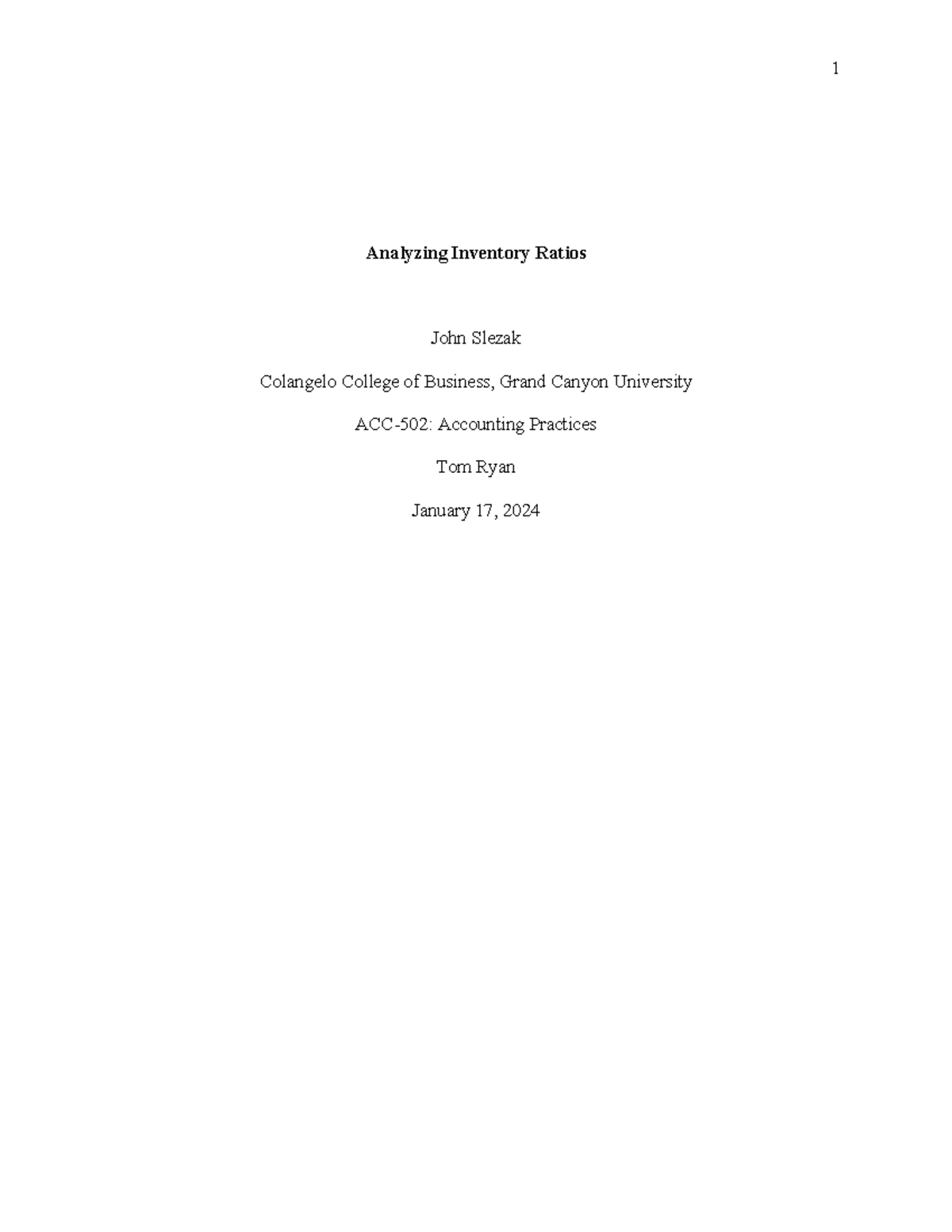 Topic 3 Assignment - Analyzing Inventory Ratios John Slezak Colangelo ...