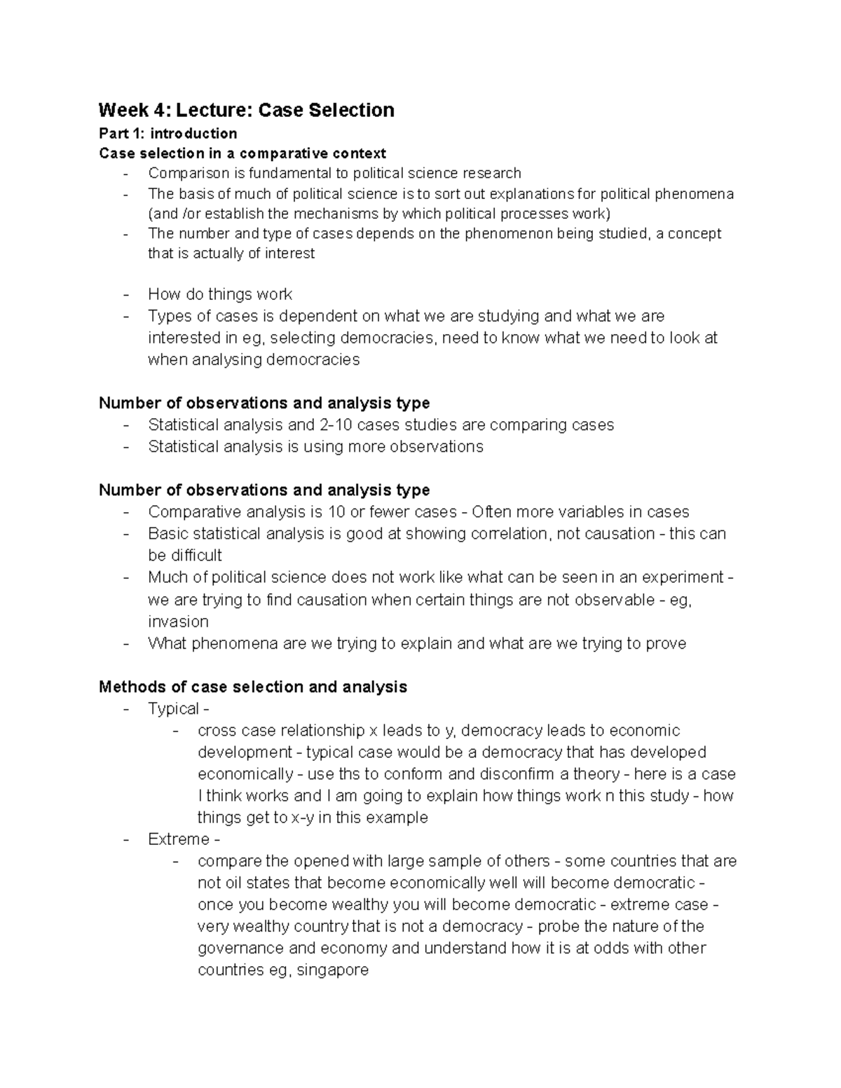 Political Analysis Lecture - Week 4 - Week 4: Lecture: Case Selection Part 1: introduction Case ...