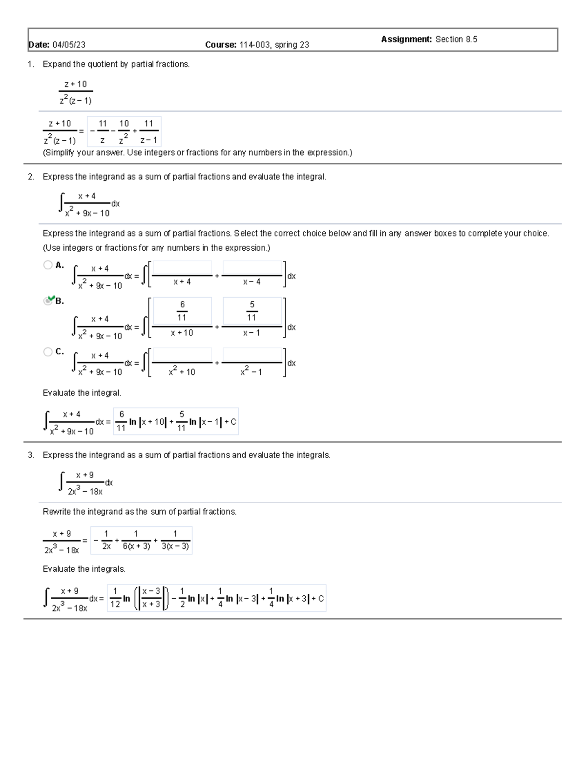 Pearsons Calculus 2, Section 8 - 1. 2. 3. Student: Date: 04/05/23 Ethan ...