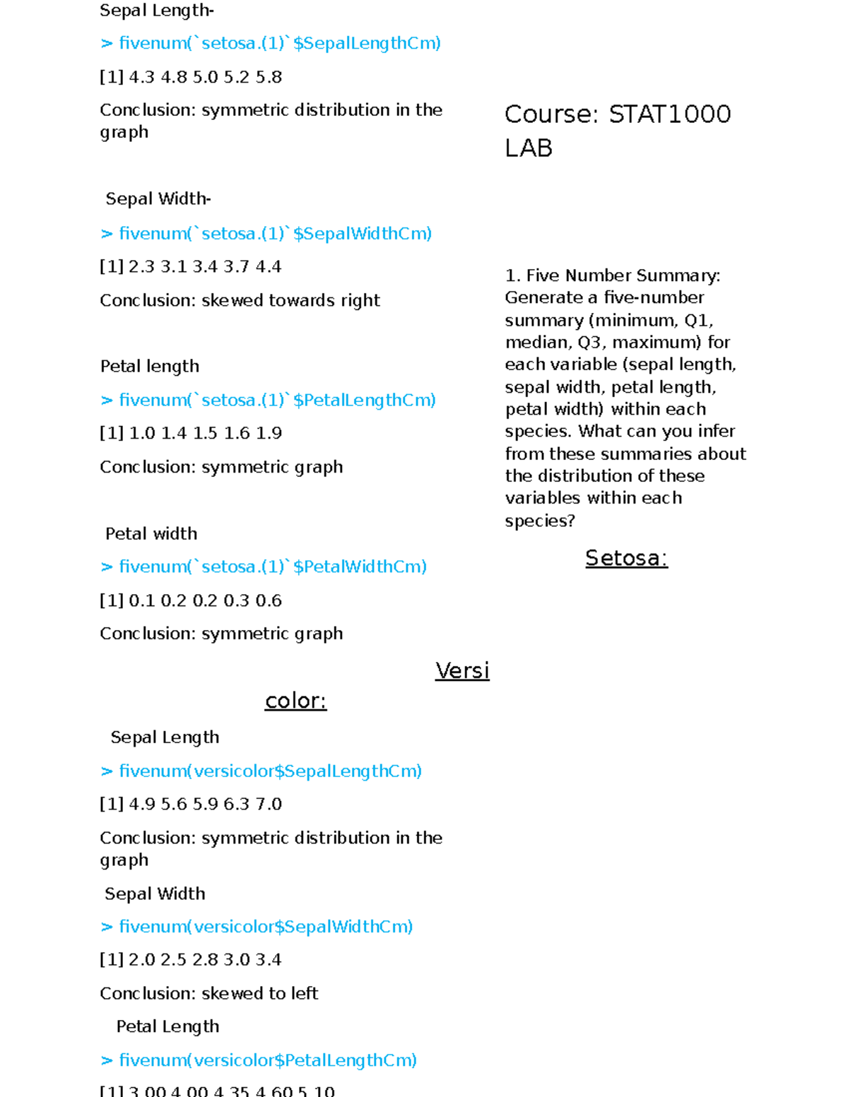 Final - lab assignment 1 - Course: STAT LAB 1. Five Number Summary: Generate a five-number ...