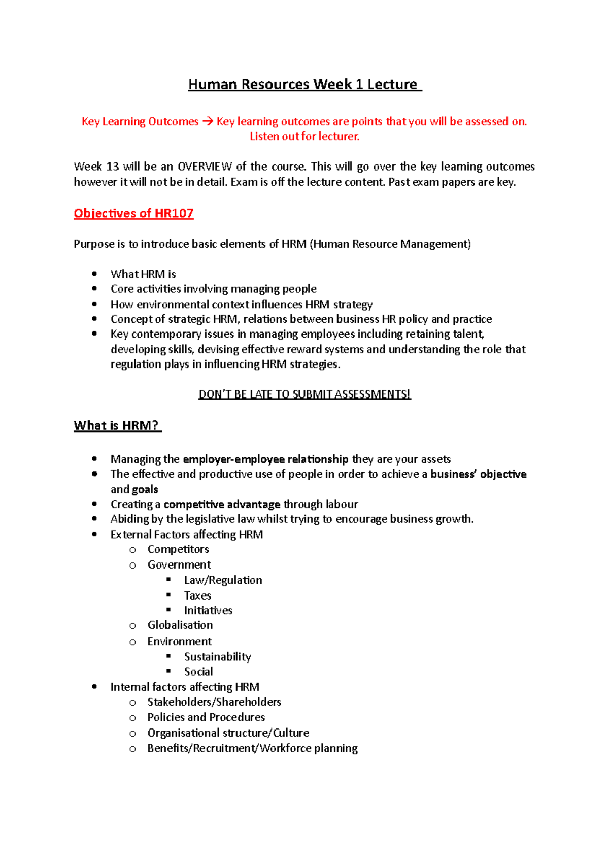 Human Resources Week 1 - Detailed lecture 1 notes - Human Resources ...