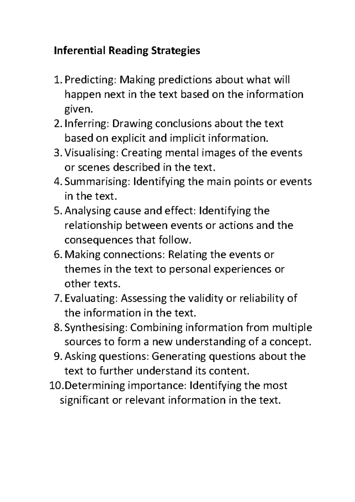 Inferential reading strategies handout 1 - Inferential Reading ...