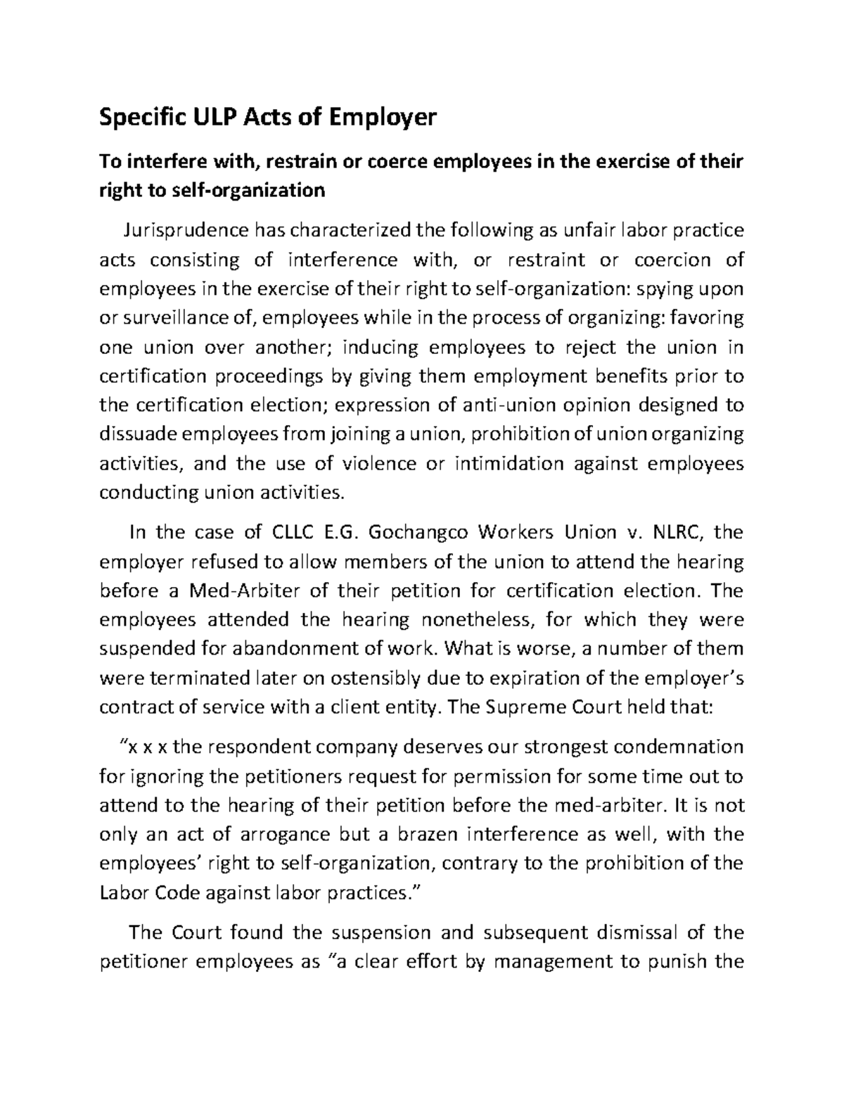 Unfair Labor Practices 2 - Specific ULP Acts of Employer To interfere ...