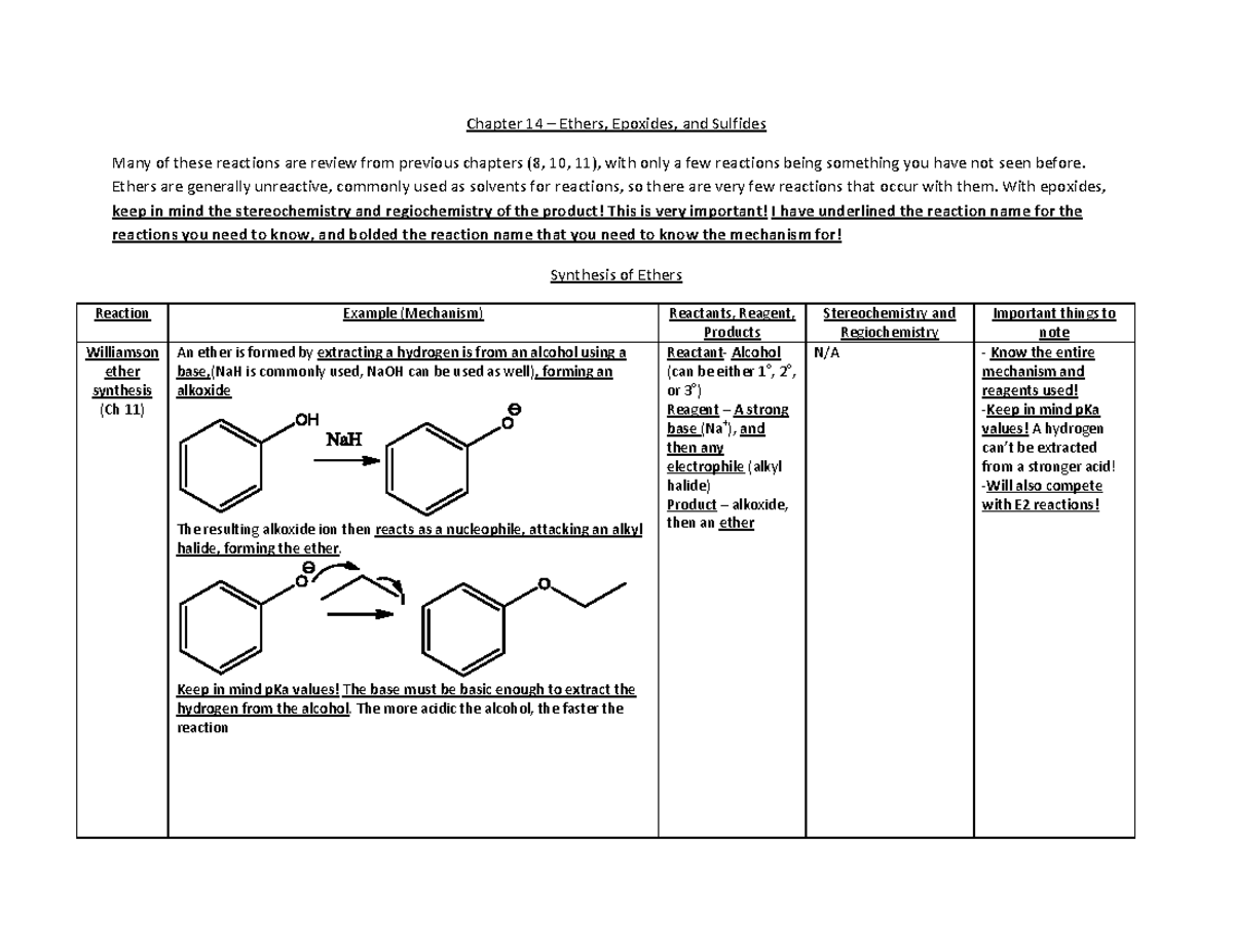 Ch 14 chart (Ether, Epoxides) - Chapter 14 – Ethers, Epoxides, and ...