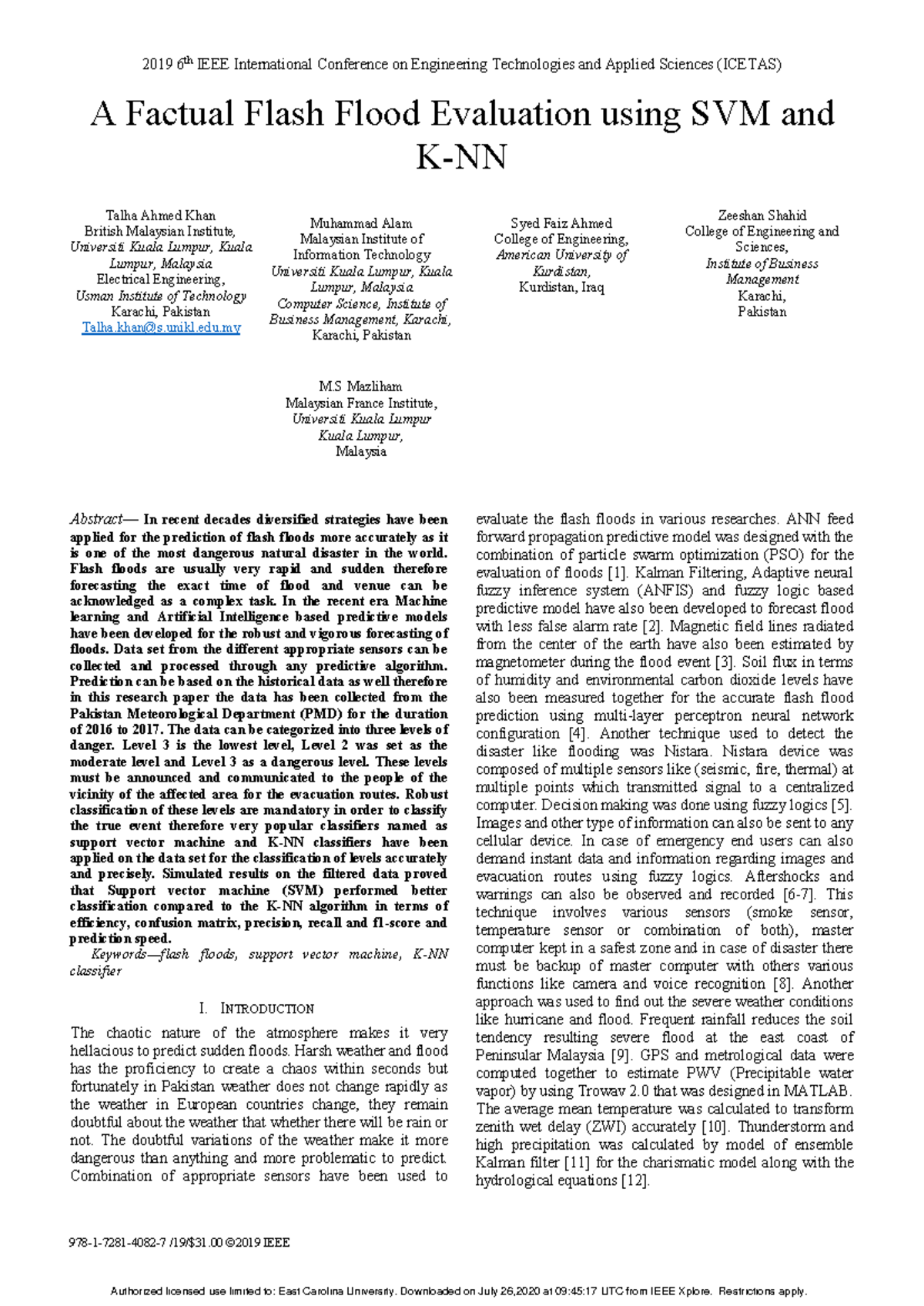 A Factual Flash Flood Evaluation using SVM and K-NN - 2019 6 th IEEE ...