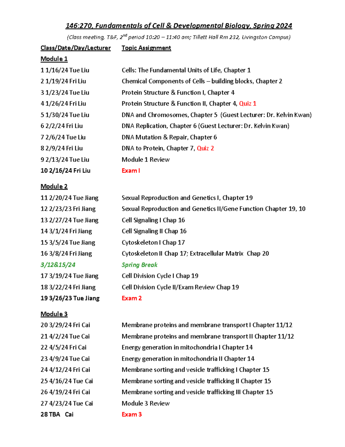 Spring 2024 FCB Schedule Final - (Class meeting, T&F, 2 nd period 10:20 ...