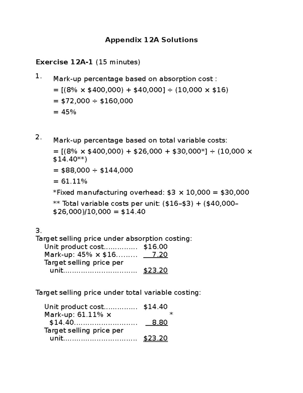 Chapter 12A Solutions for Students - Appendix 12A Solutions Exercise ...