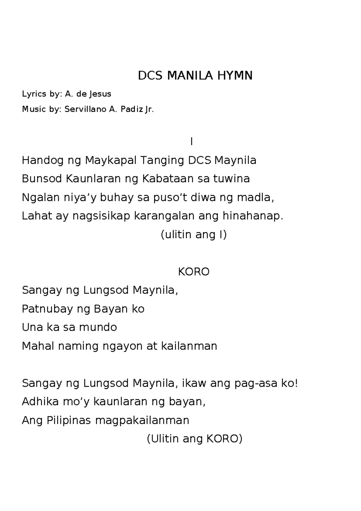 DCS- Manila-HYMN - sONG - DCS MANILA HYMN Lyrics by: A. de Jesus Music ...