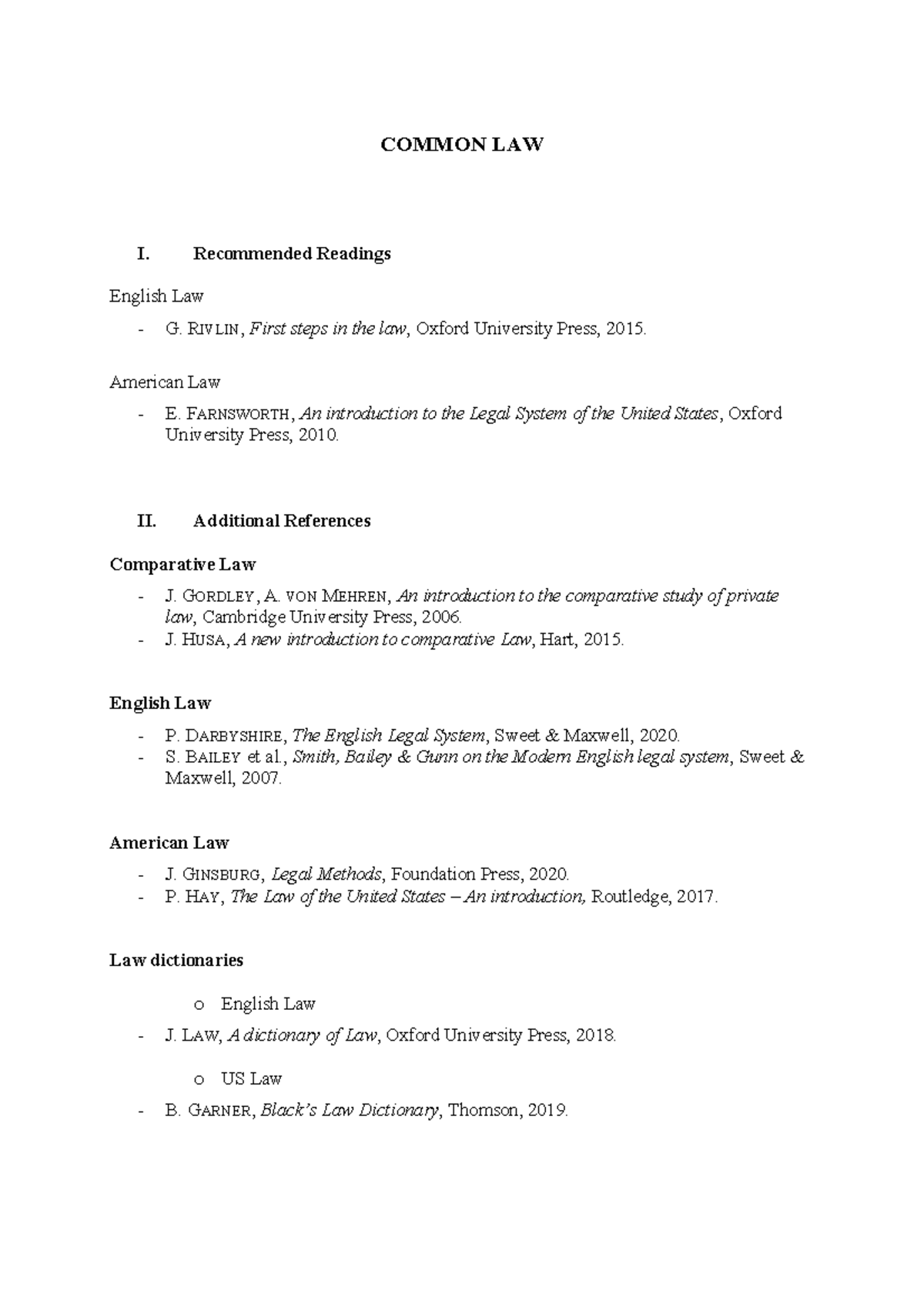 Common Law - Bibliography - COMMON LAW I. Recommended Readings English ...