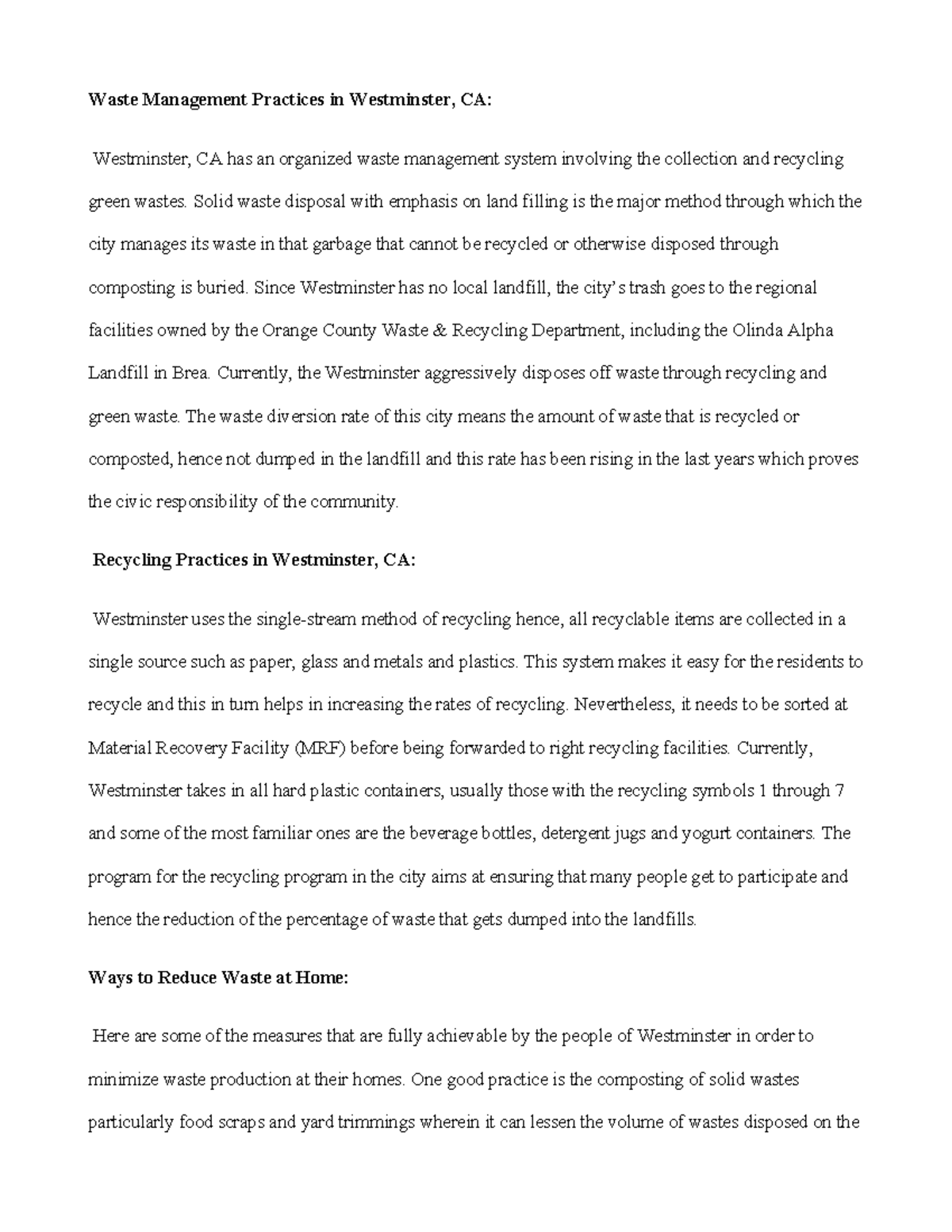 Waste Management Practices in Westminster - Solid waste disposal with ...