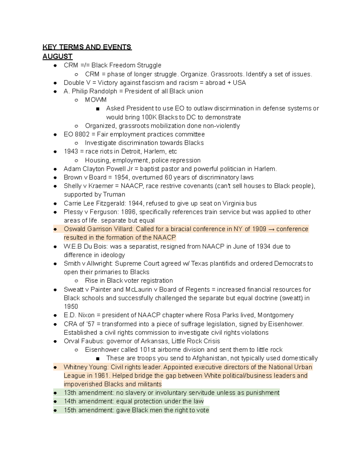 Civil Rights Movement - Lecture notes From August to Decemeber - KEY ...