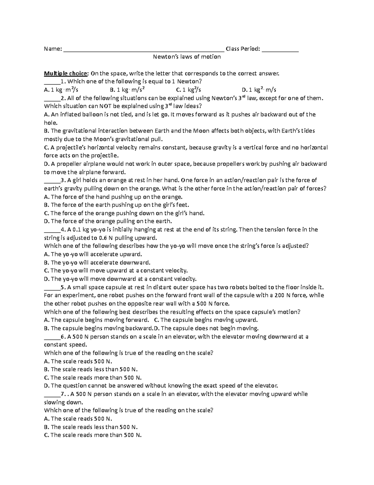 Copy of AP newtons laws quiz - Name ...