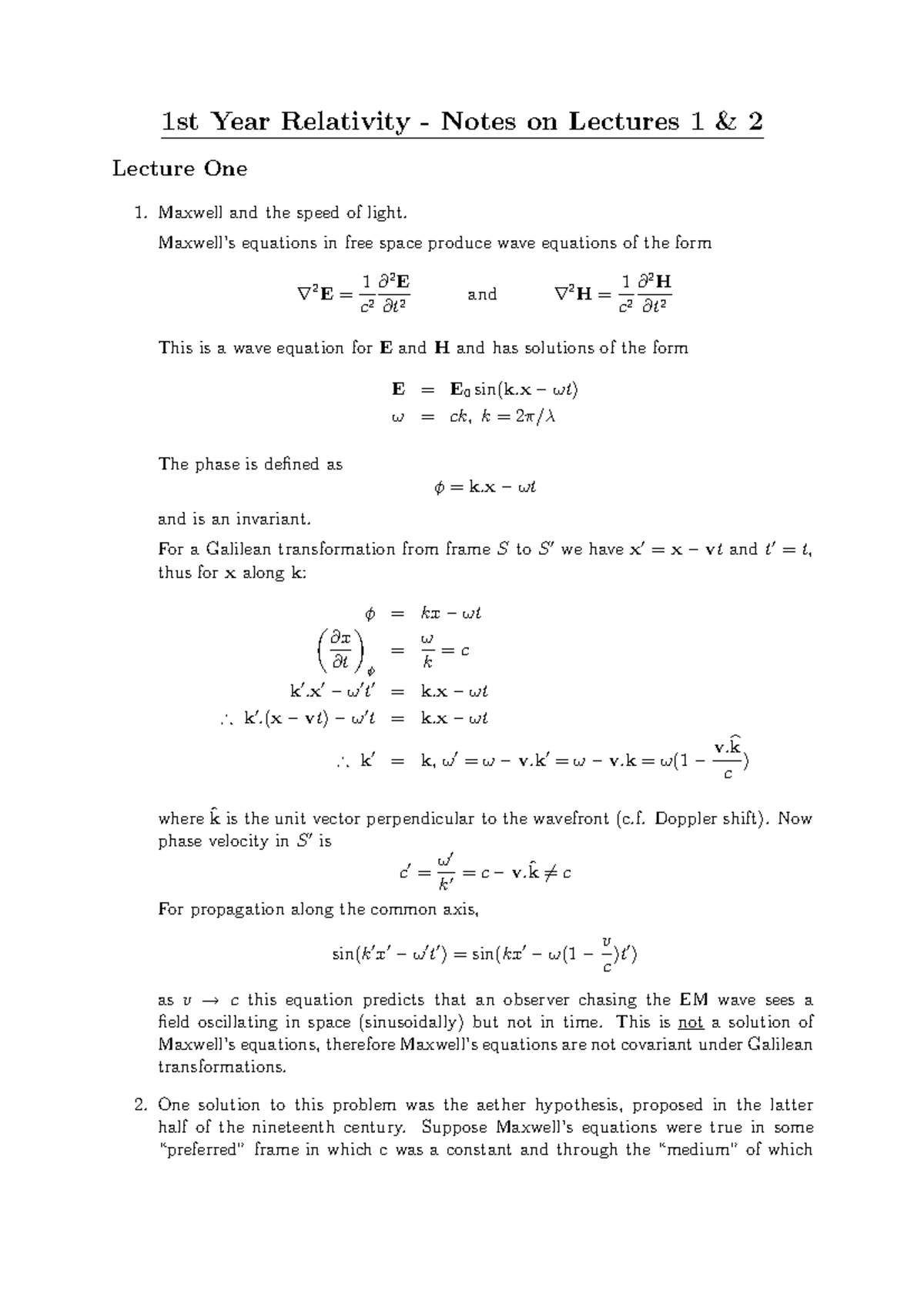 Lectur 12 text - 1st Year Relativity - Notes on Lectures 1 & 2 Lecture ...