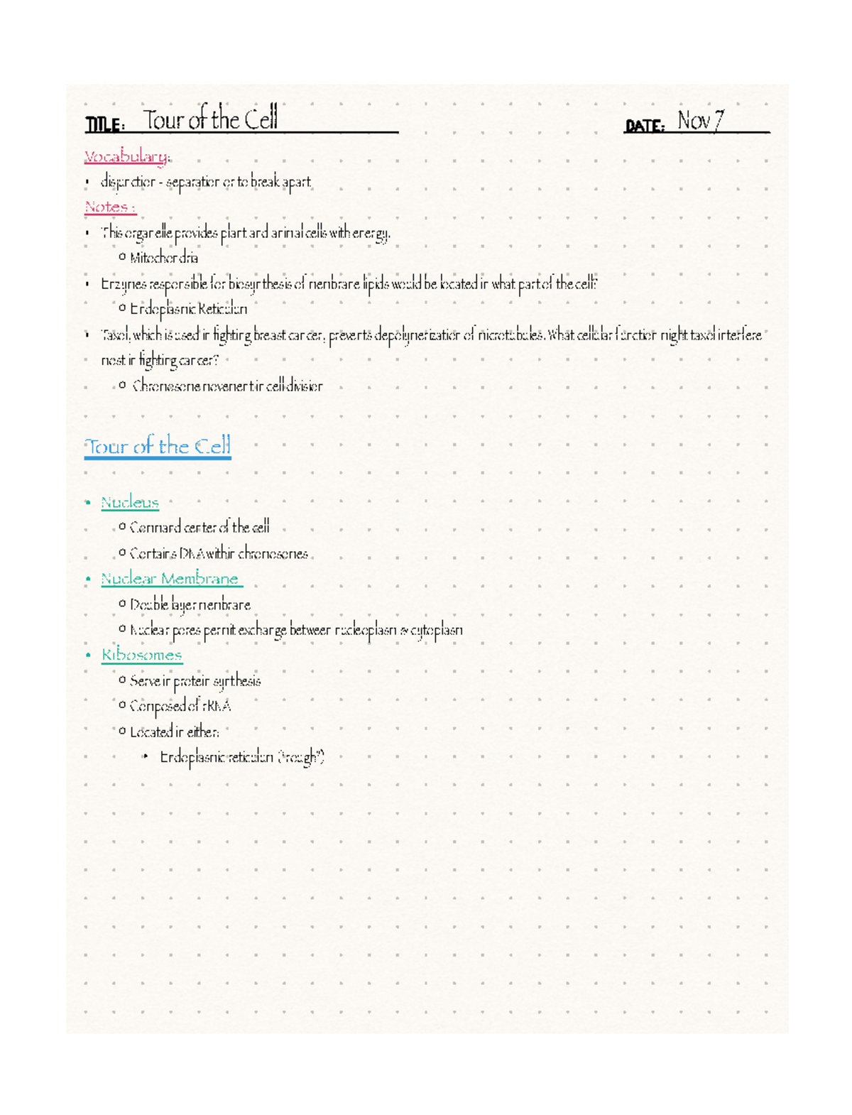 Tour of the Cell - Tour of the Cell - Tour of the Cell Nov 7 Vocabulary ...