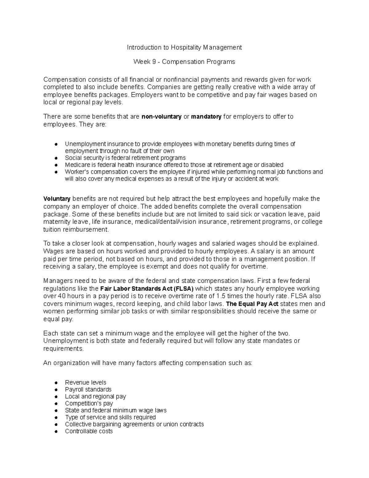 Introduction of Hospitality Management. Week 9 (Notes) Compensation ...