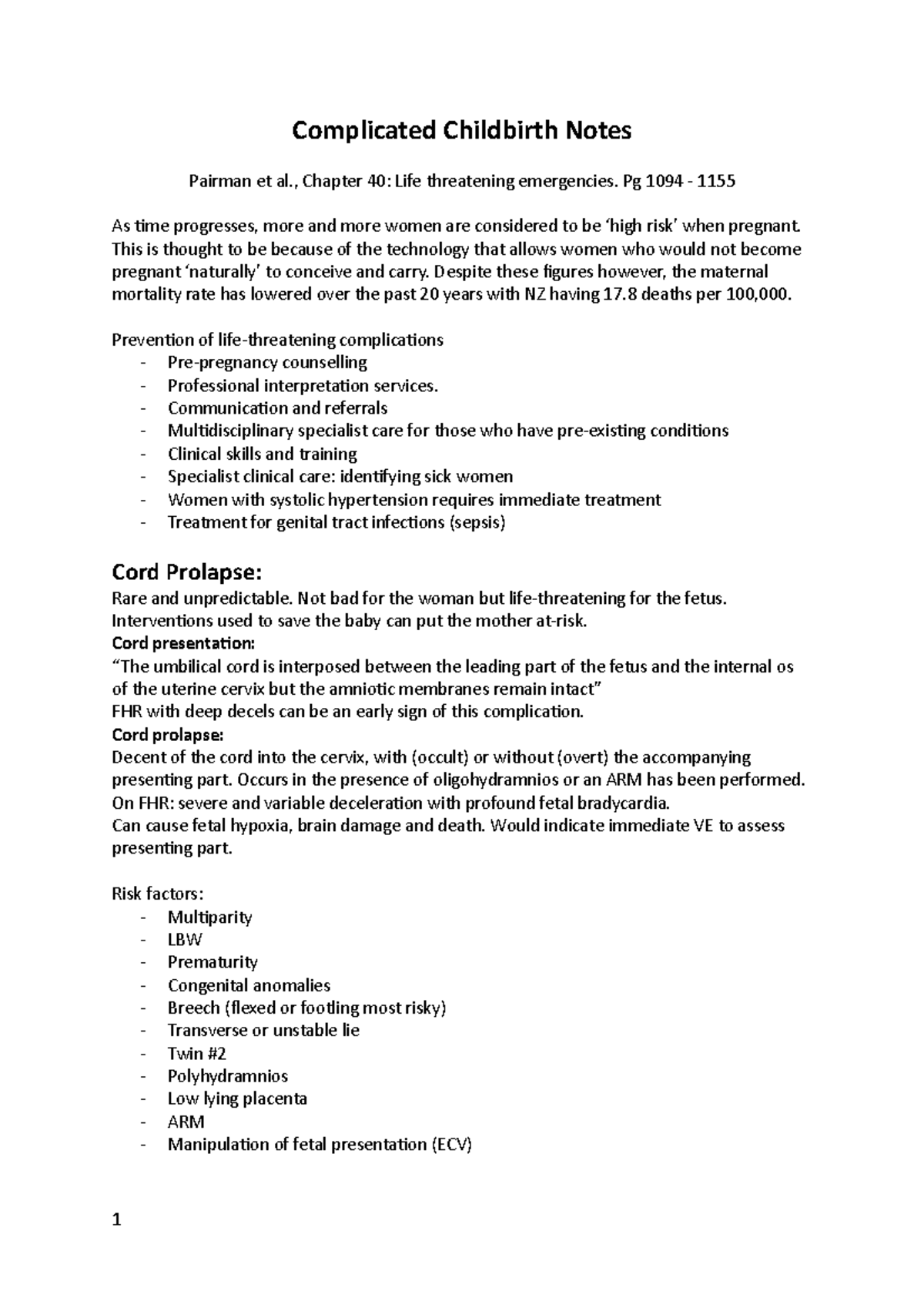 Complicated Childbirth Notes - Complicated Childbirth Notes Pairman et ...