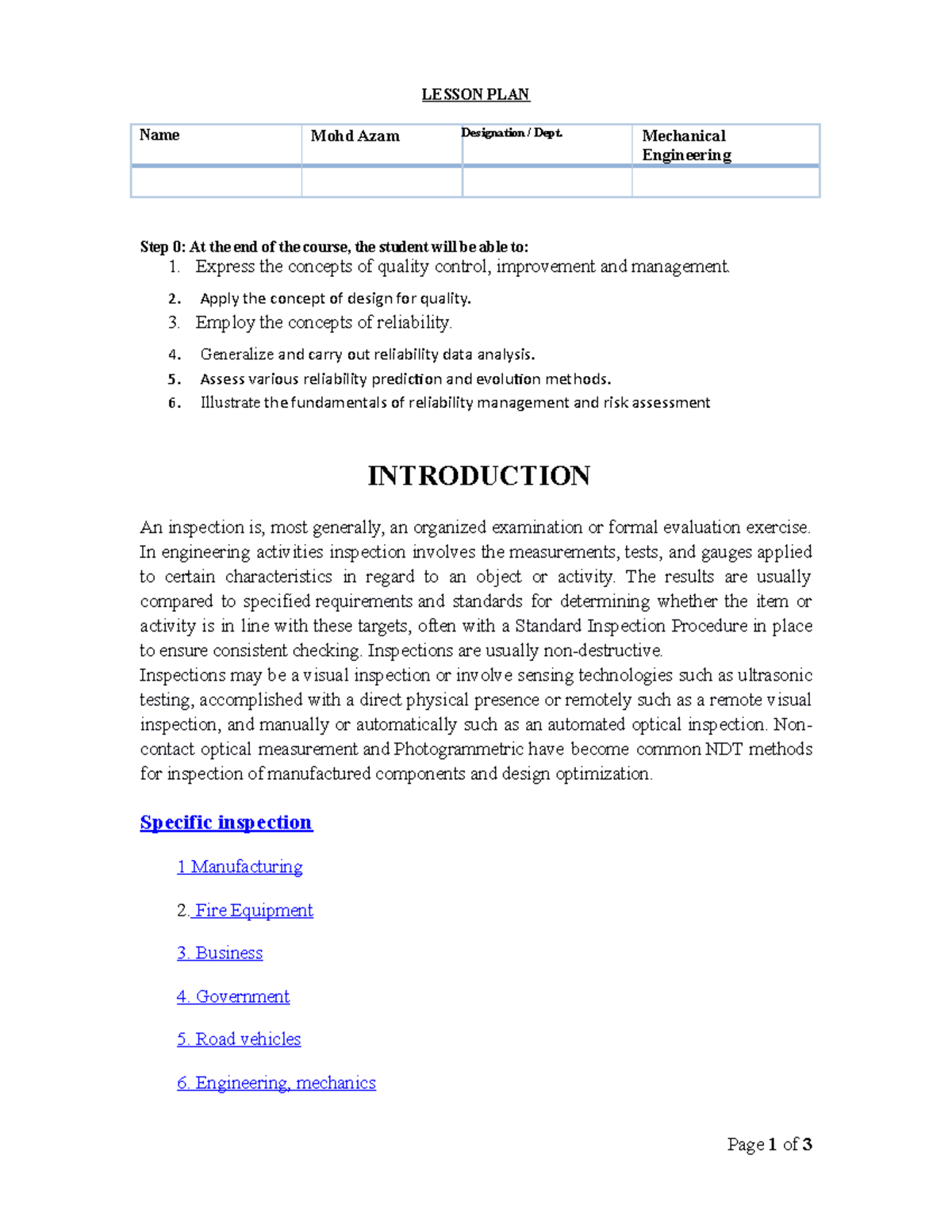 Inspection and Quality Control IQC - LESSON PLAN Name Mohd Azam ...