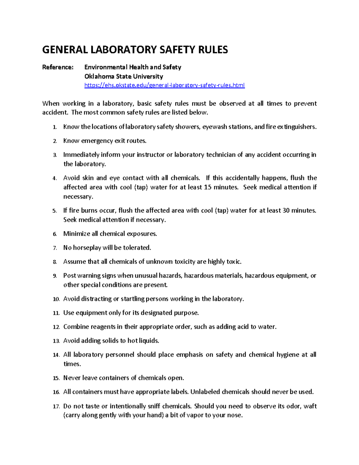 Laboratory safety rules - GENERAL LABORATORY SAFETY RULES Reference ...
