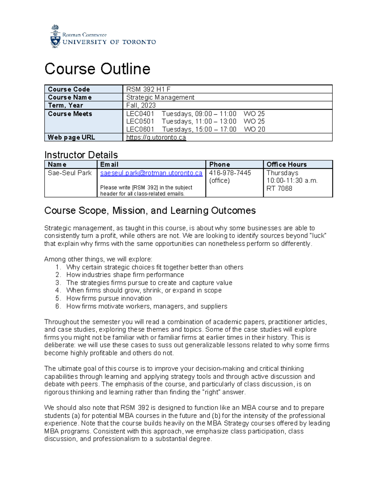 RSM 392 Fall 2023 Park - ewrwwe - Course Outline Course Code RSM 392 H1 ...