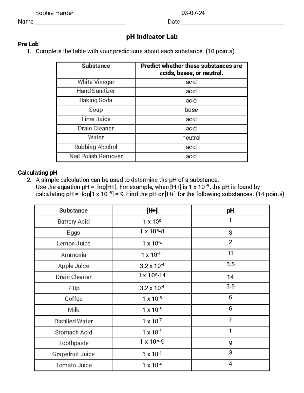 P H+indicator+Lab+v2 - Name Date pH Indicator Lab Pre Lab 1. Complete ...