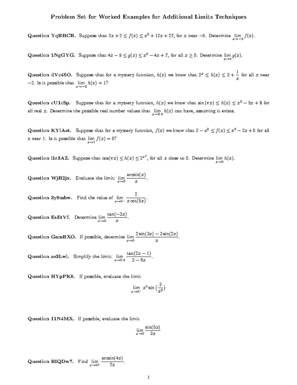 (Calculus 1000) Worked Examples for Additional Limits Techniques - Problem Set for Worked ...