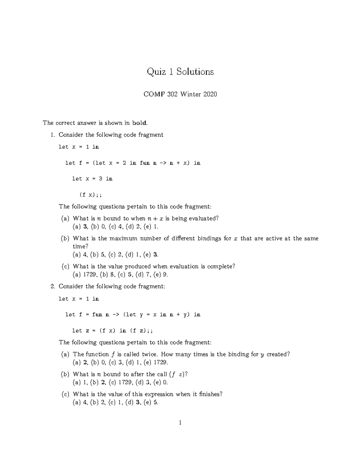 Quiz302quiz 302 winter2020 - Quiz 1 Solutions COMP 302 Winter 2020 The correct answer is shown ...