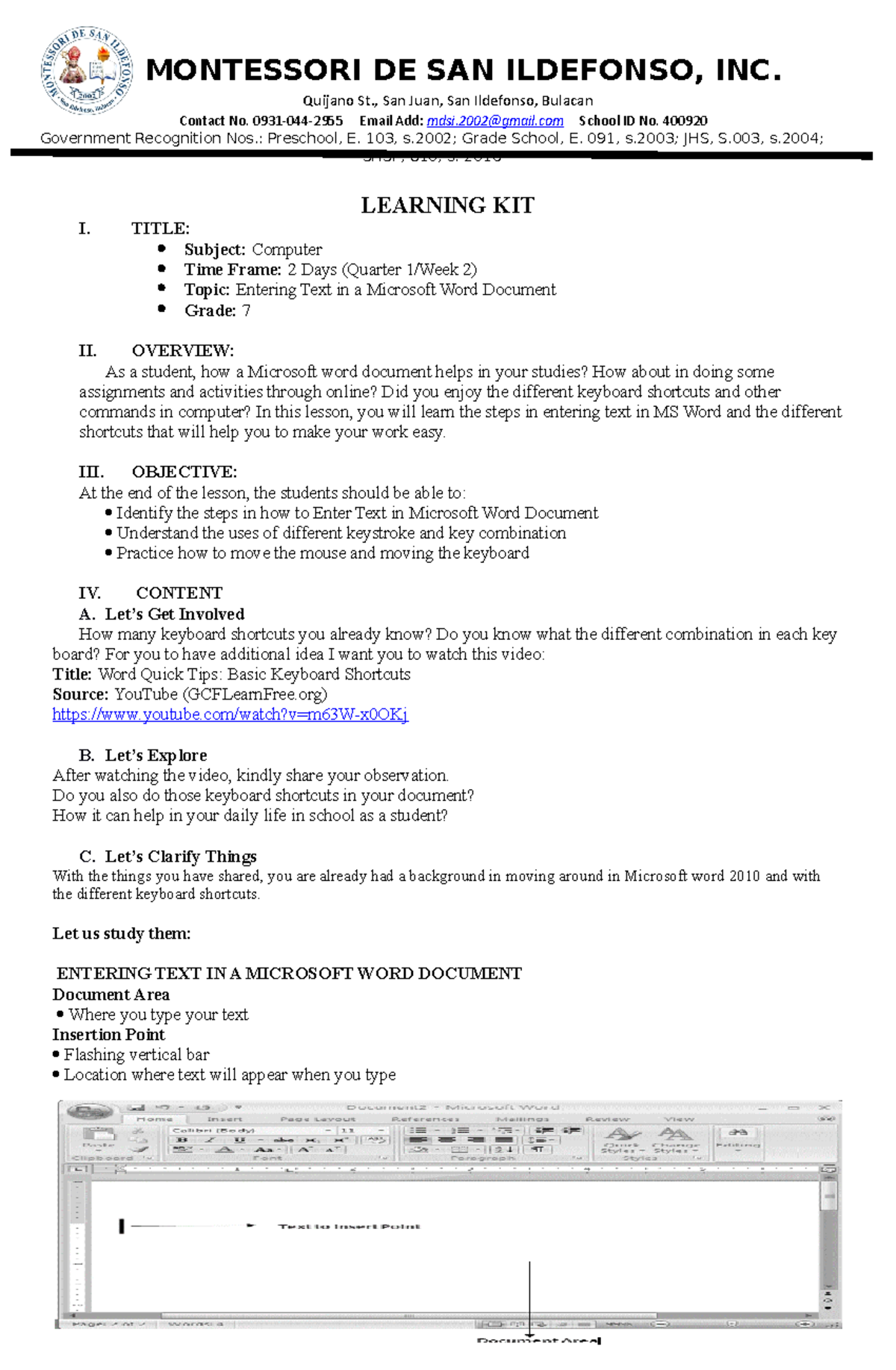 Week 2- Entering Text in MS Word Docs - MONTESSORI DE SAN ILDEFONSO ...