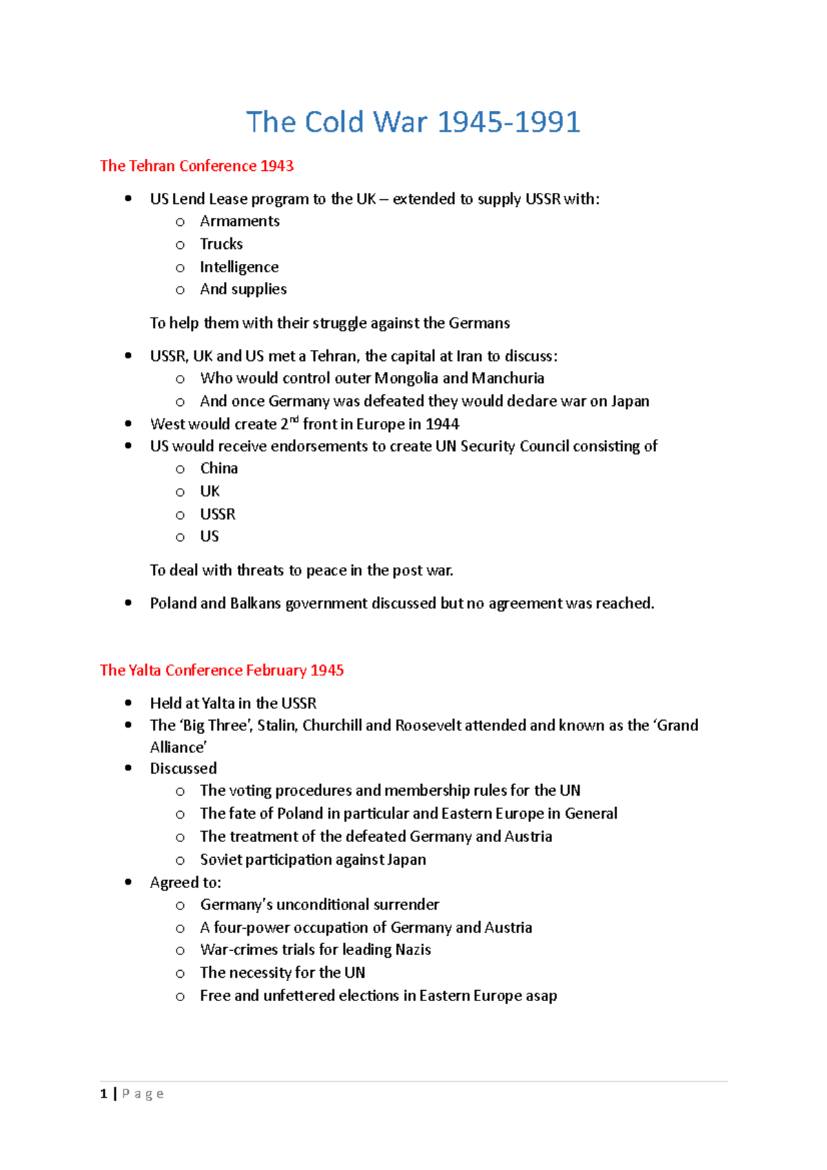 Modern History Notes - Cold War Notes - The Cold War 1945- The Tehran ...