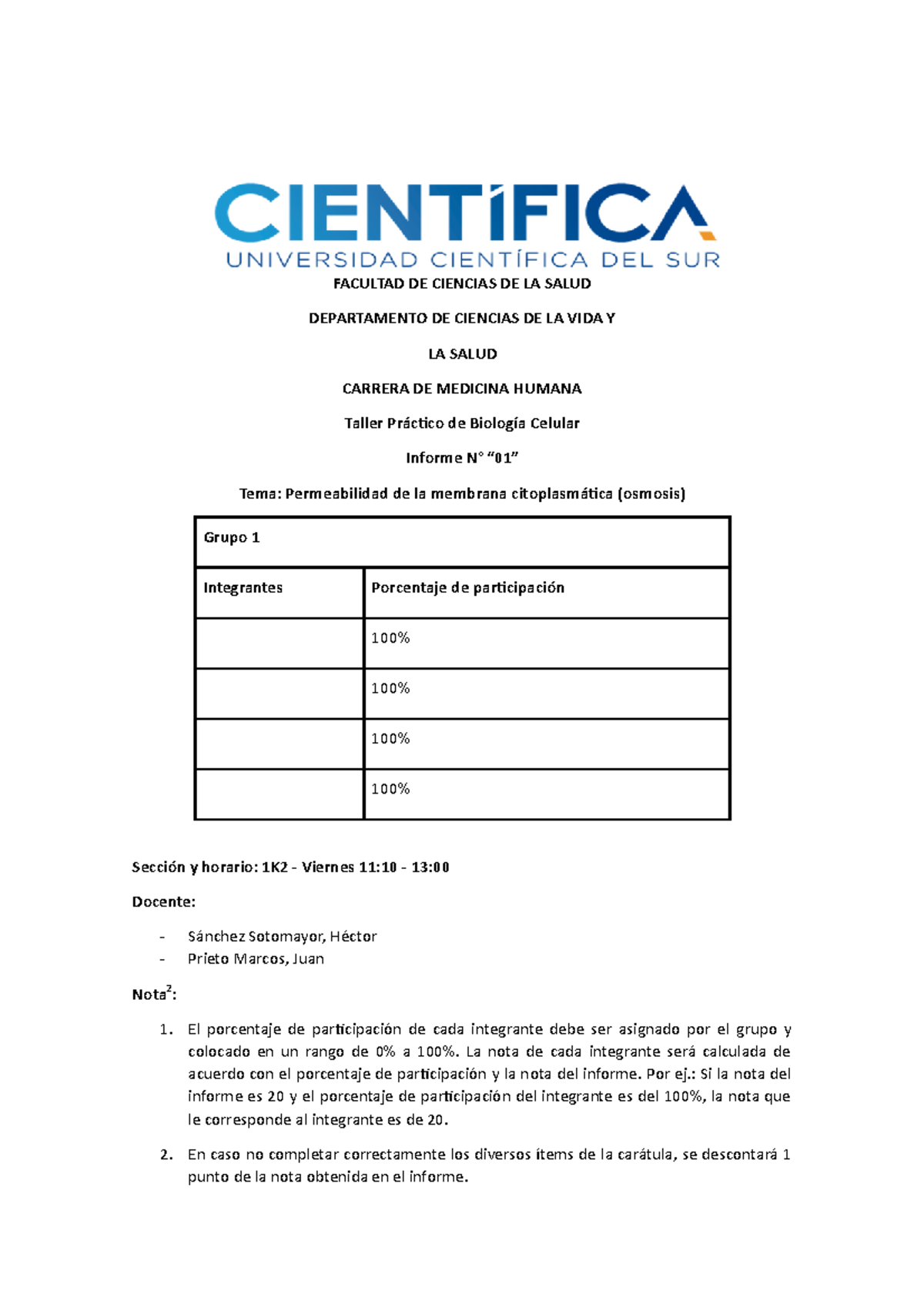 Biova - Informe número 1 - FACULTAD DE CIENCIAS DE LA SALUD ...
