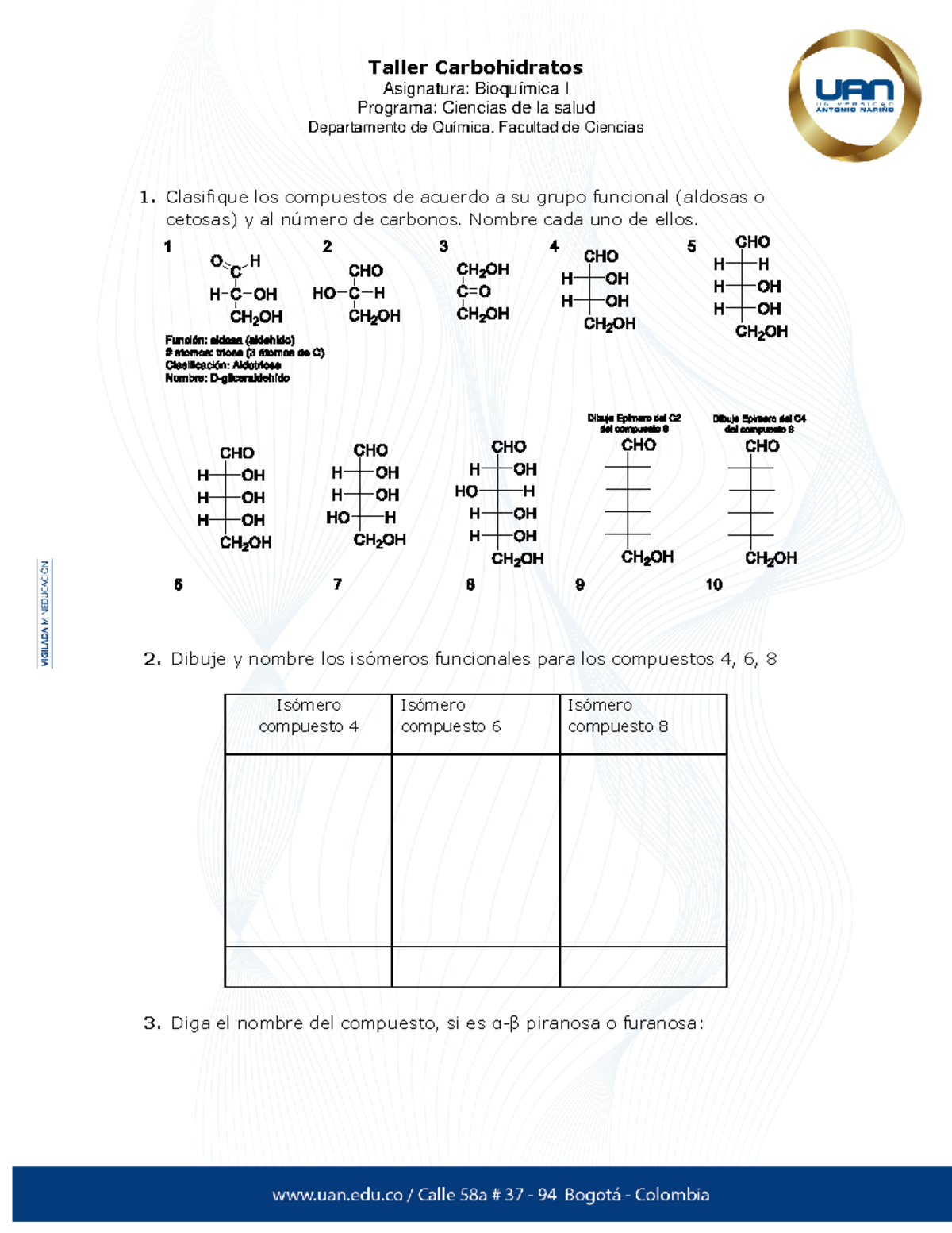 Taller 6 carbohidratos UAN - Asignatura: Bioquímica I Programa ...