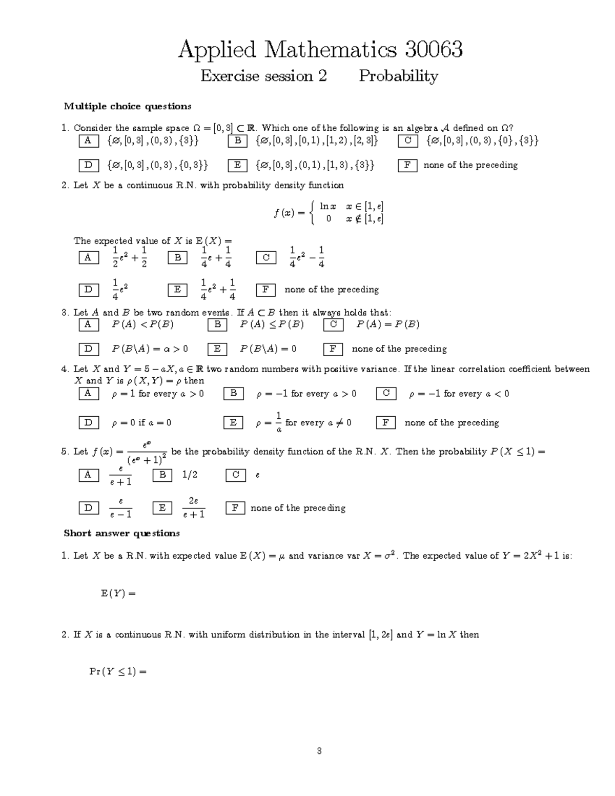 Exercises probability - Applied Mathematics 30063 Exercise session 2 ...