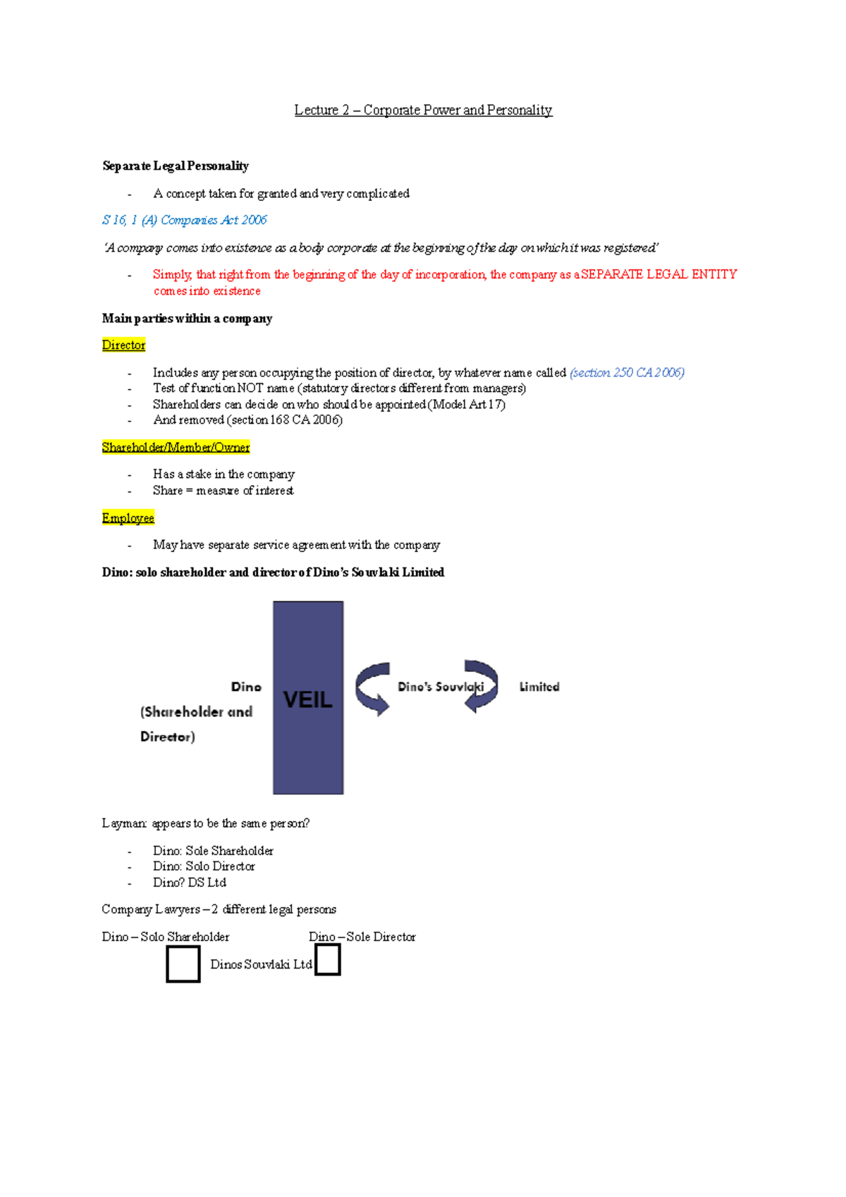 Company Law Lecture 2 - Lecture 2 – Corporate Power and Personality ...