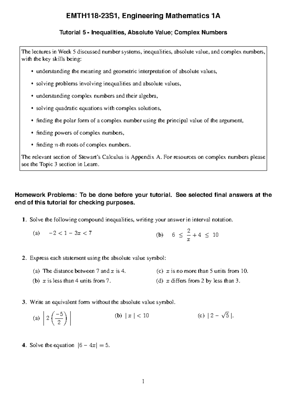 EMTH118-23S1 Tutorial 5 questions - EMTH118-23S1, Engineering ...