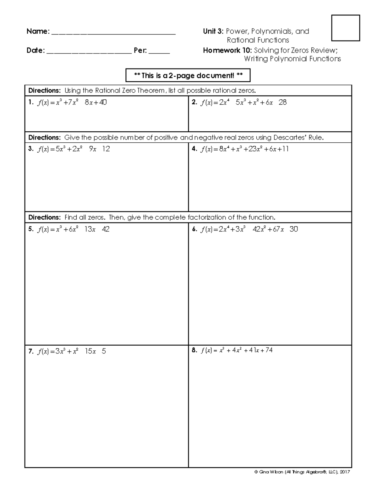 Writing functions hw - Name: ___________________________________ Unit 3 ...
