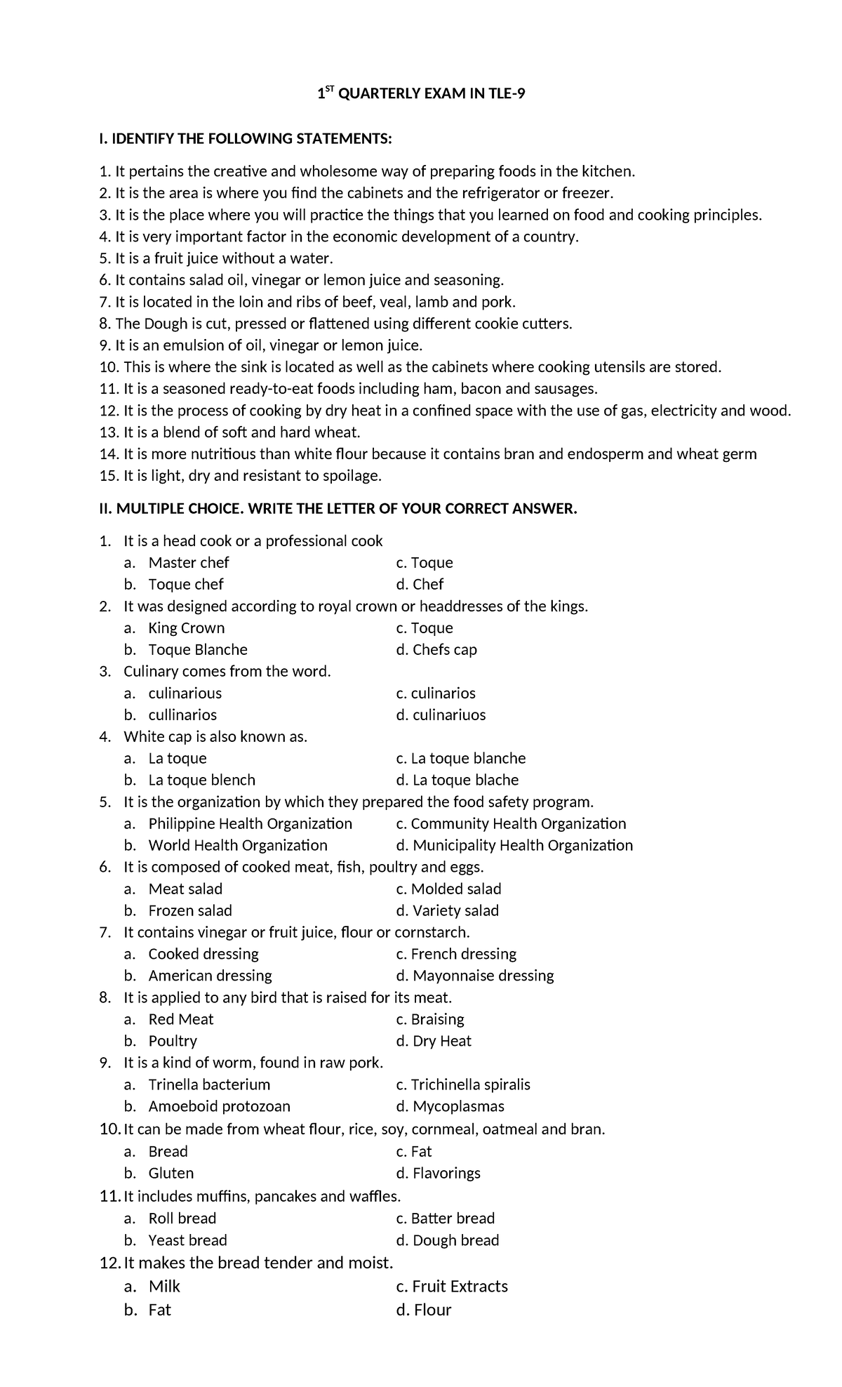 Examination for TLE9 - 1 ST QUARTERLY EXAM IN TLE- I. IDENTIFY THE ...