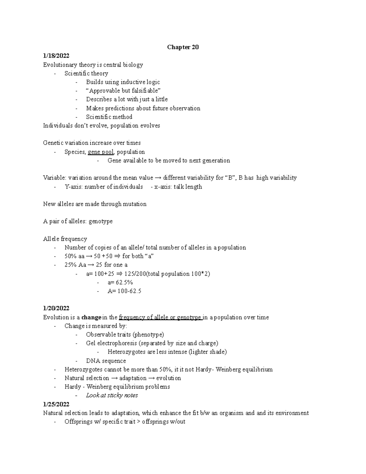Biology Lecture Notes - Chapter 20 1/18/ Evolutionary theory is central ...