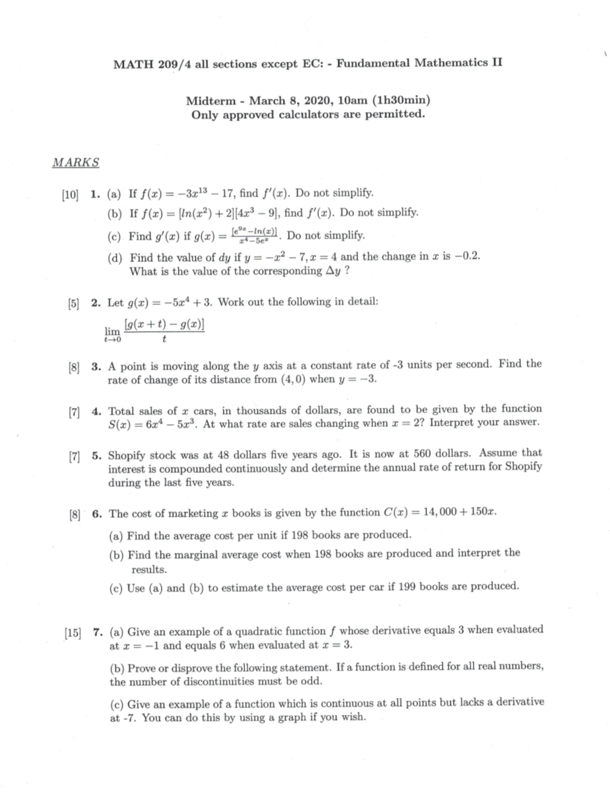 Math 209 midterm winter 2020 - MATH 209/ all sections except EC: - Fundamental MathematicsII ...
