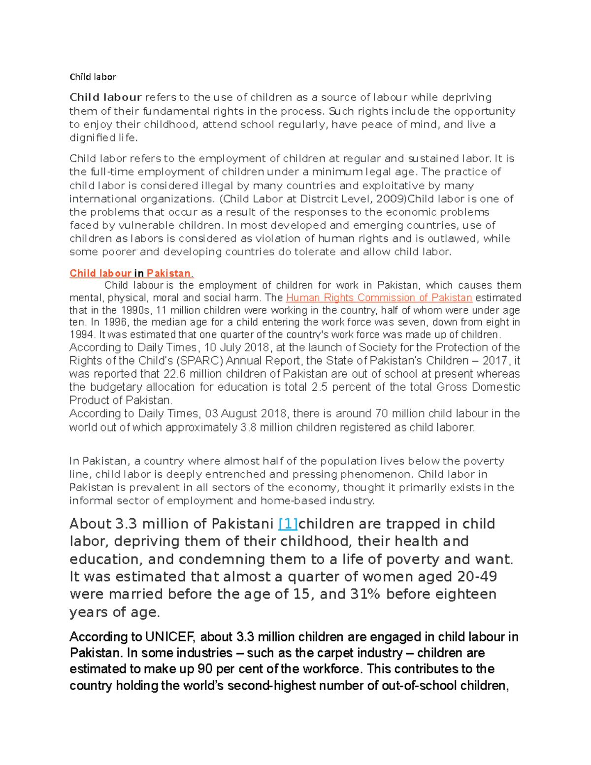 Child labor - Lecture notes 9 - Child labor Child labour refers to the ...