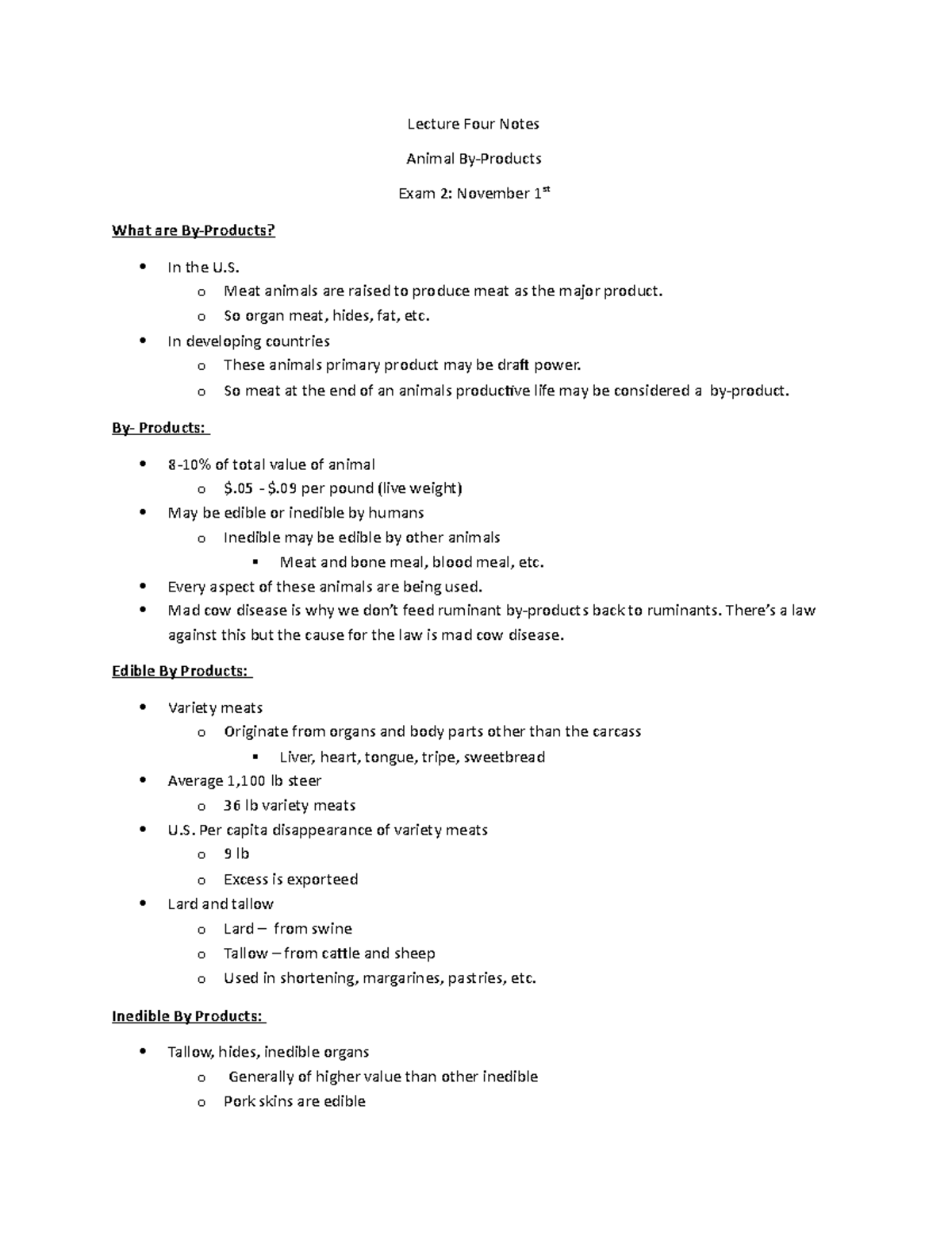 Lecture Four Notes- Animal By Products - Lecture Four Notes Animal By ...