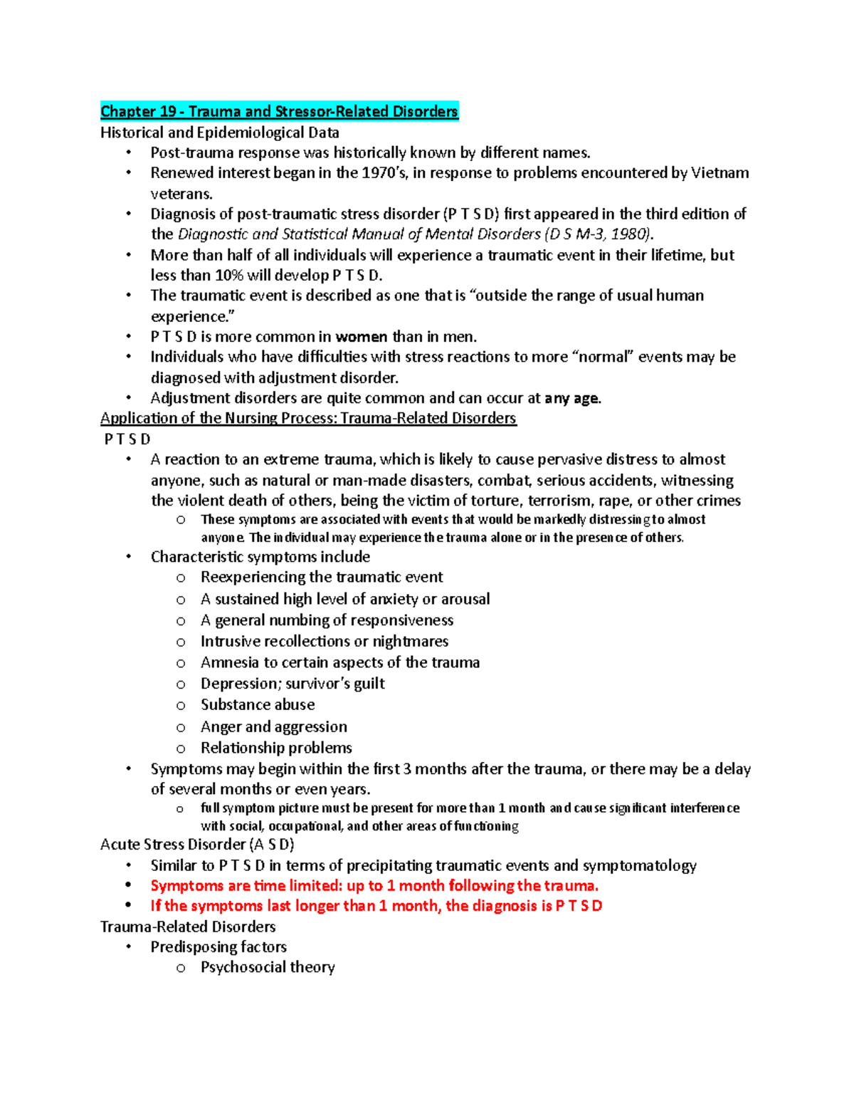 Ch 19 trauma:stress - Psych notes - Chapter 19 - Trauma and Stressor ...