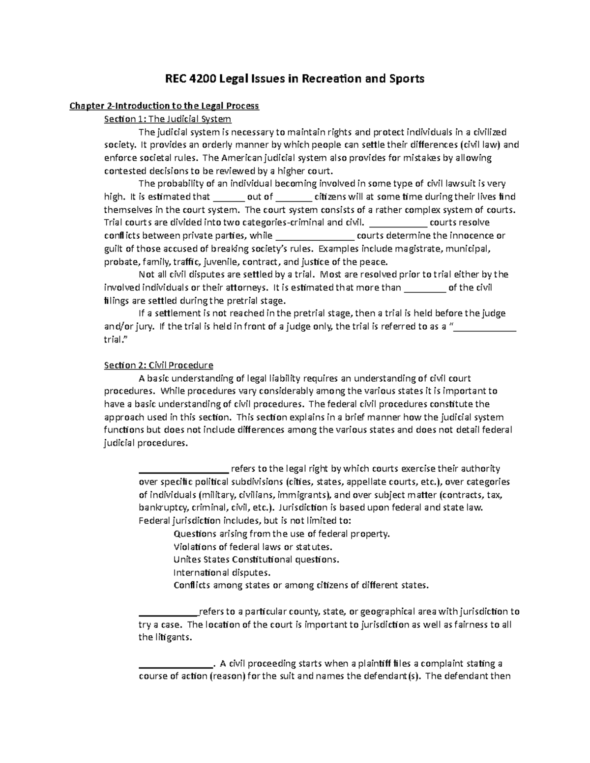 REC 4200 Chapter 2 notes, students - REC 4200 Legal Issues in ...