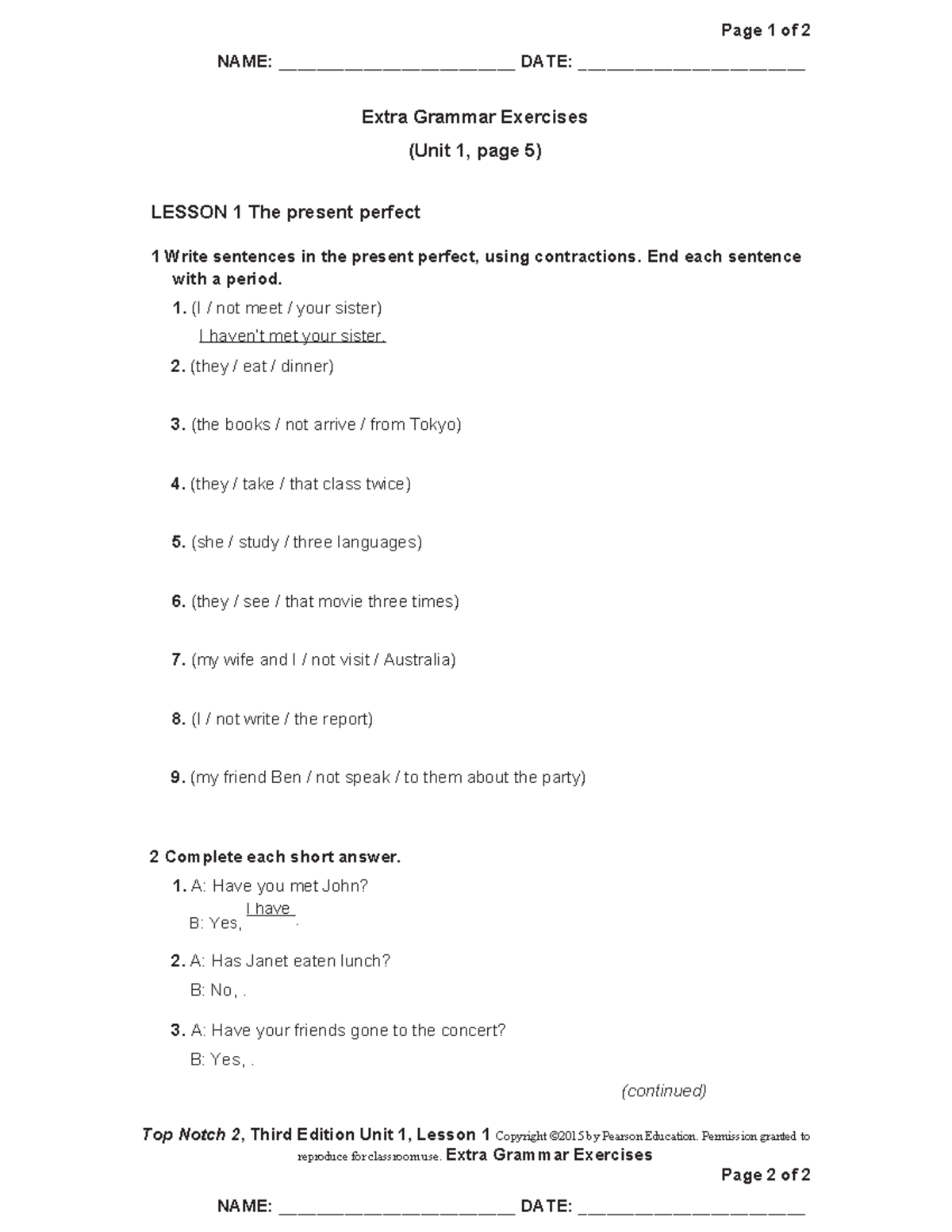Unit 01 Extra Grammar Exercises - Page 1 of 2 NAME: _________________________ DATE: - Studocu