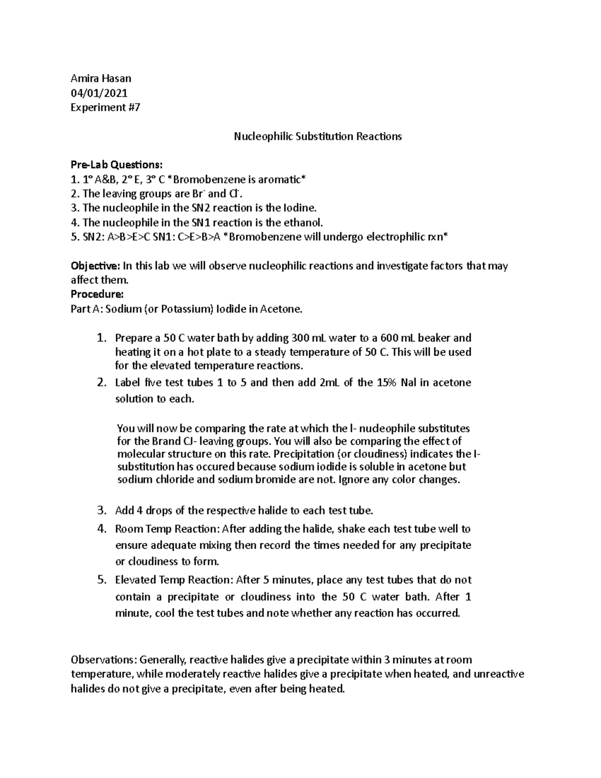 Nucleophilic Substitution Lab - Amira Hasan 04/01/ Experiment ...