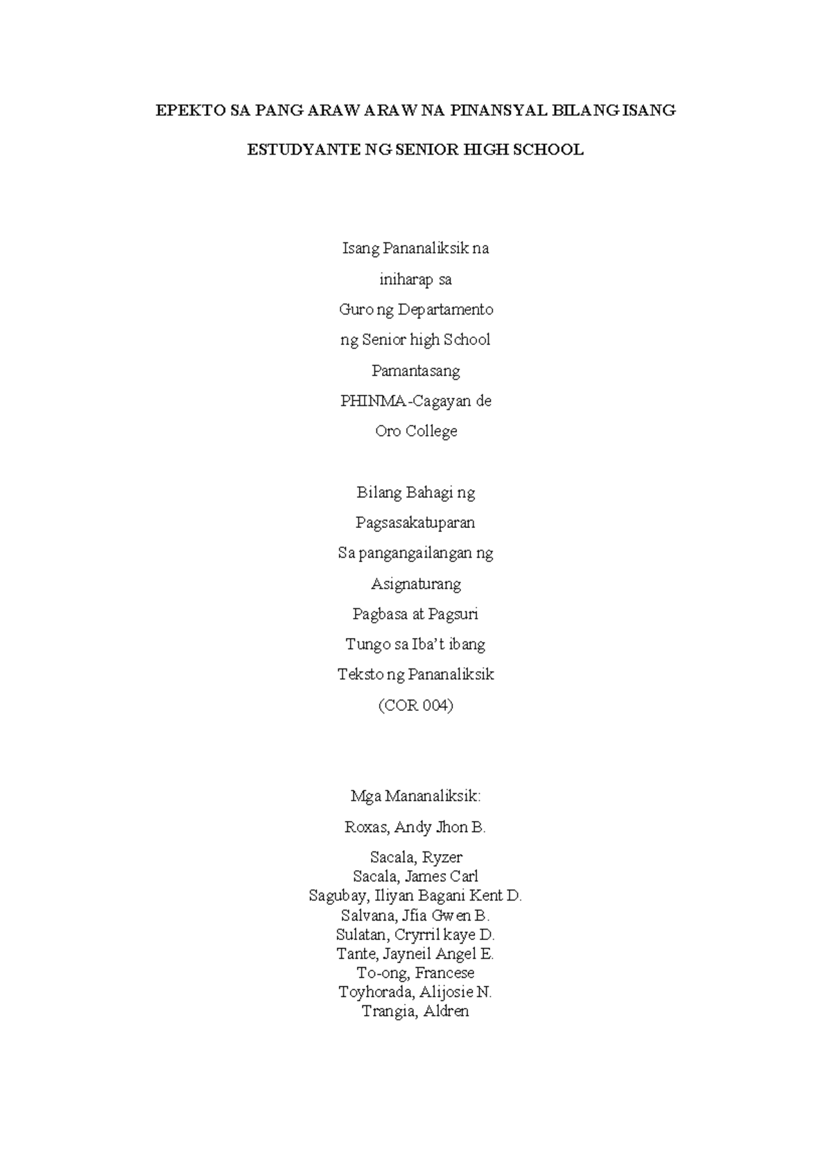 Epekto sa pang araw araw na pinansyal bilang isang estudyant - EPEKTO ...