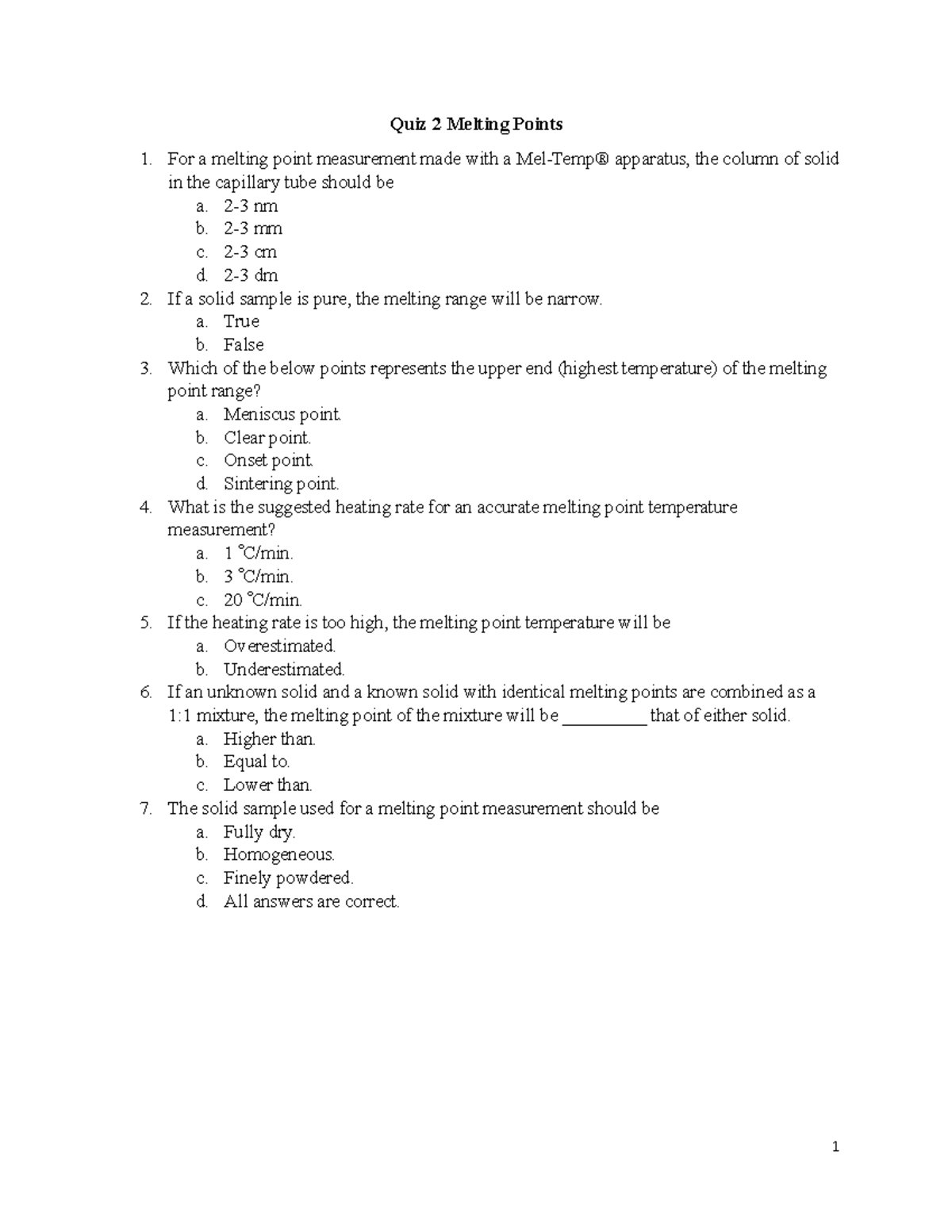 Quiz+2+Melting+Points - Quiz 2 Melting Points For a melting point ...